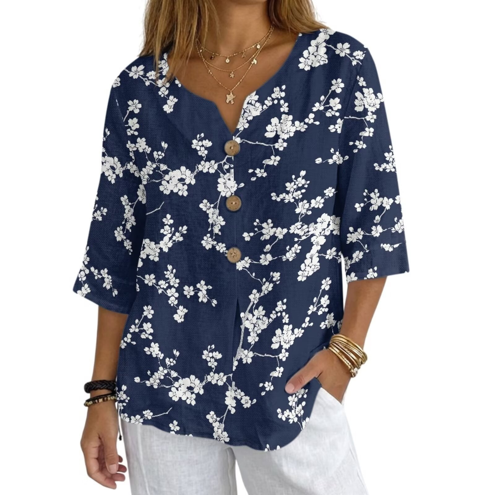 Xoenoiee Cherry Blossom Print Womens Linen Shirts 3/4 Length Sleeve ...