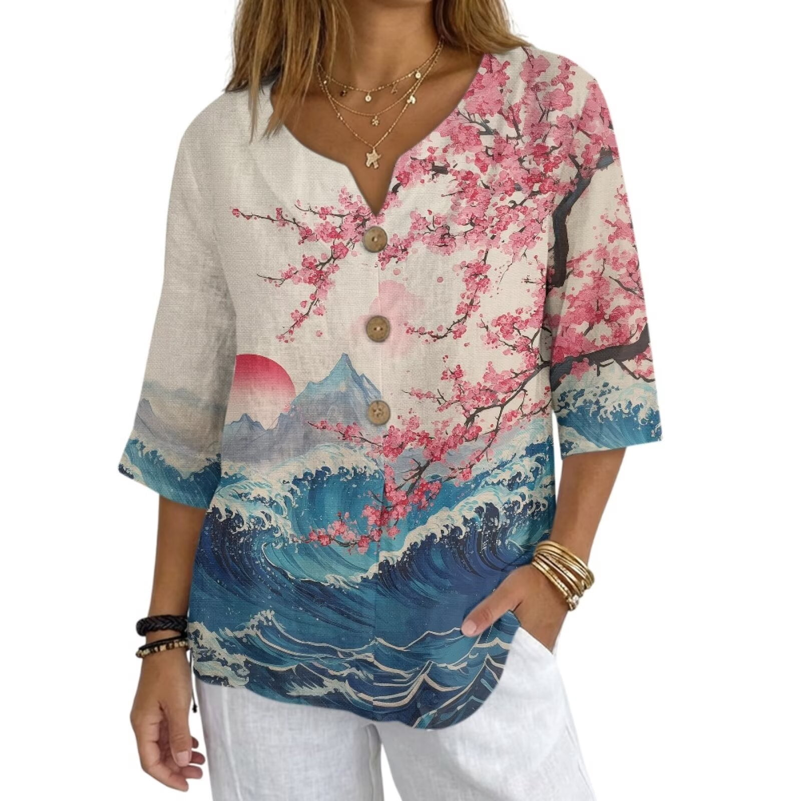 Xoenoiee Cherry Blossom Waves Sunset Print Linen Shirt for Women Spring ...