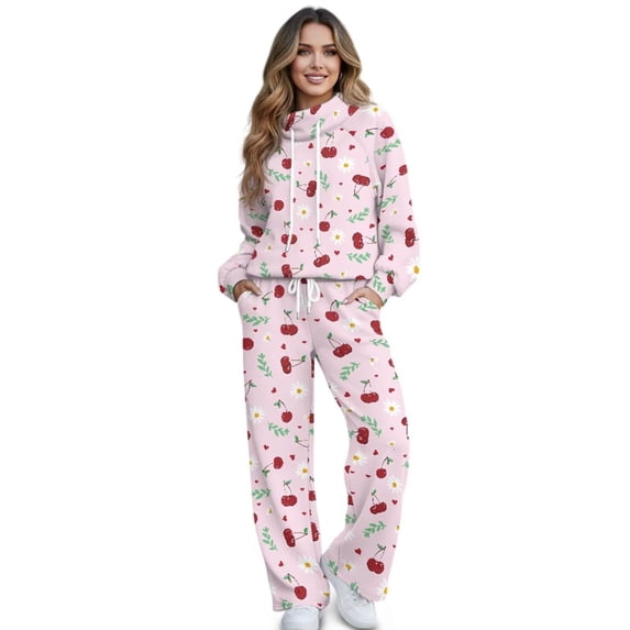 Xoenoiee Cherry Daisy Flower Print Sweatsuits for Women 2 Piece Outfit ...