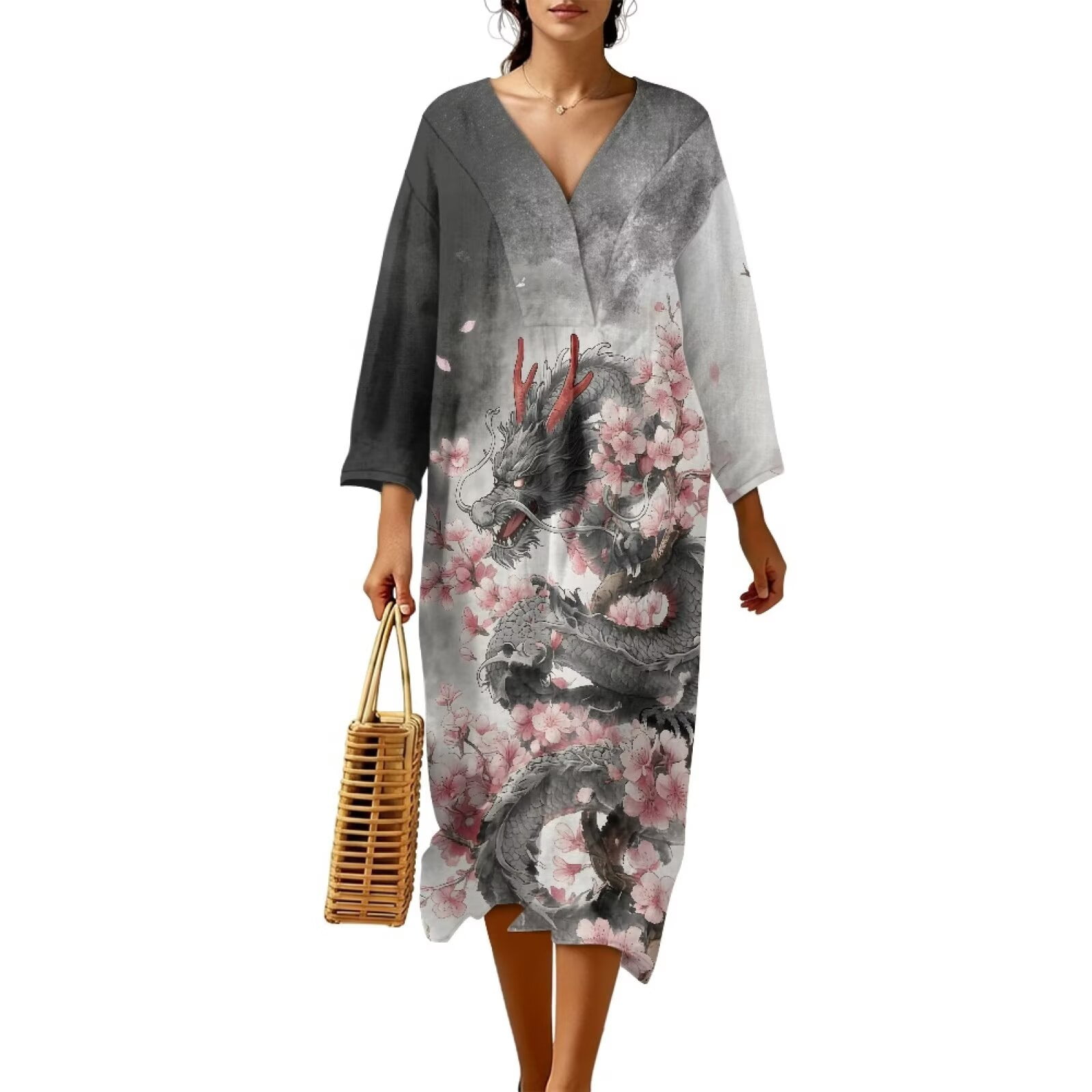 Xoenoiee Chinese Dragon Cherry Blossom Print Womens Cotton Linen Midi ...