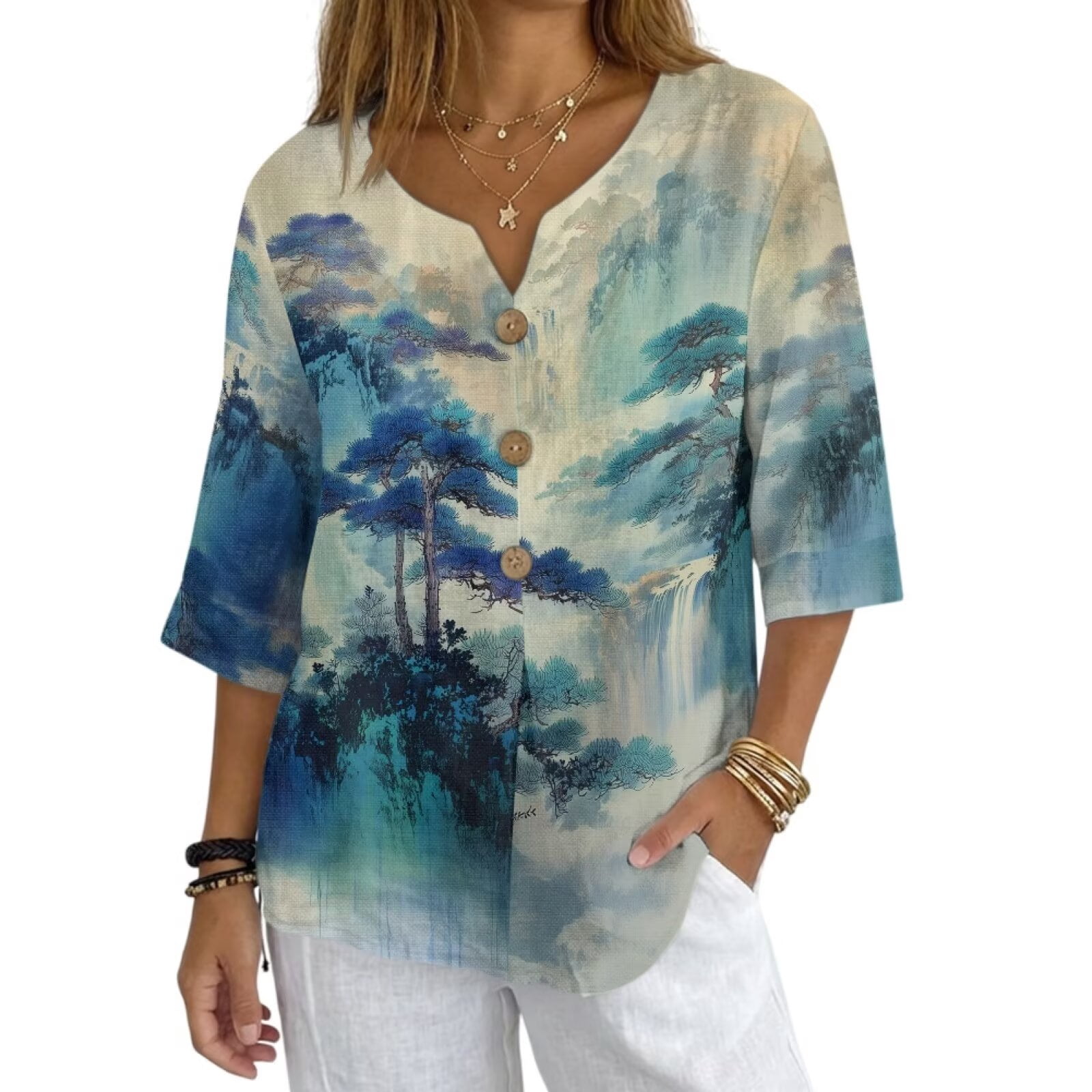 Xoenoiee Chinese Shan-shui Art Print Linen Shirt for Women Spring ...