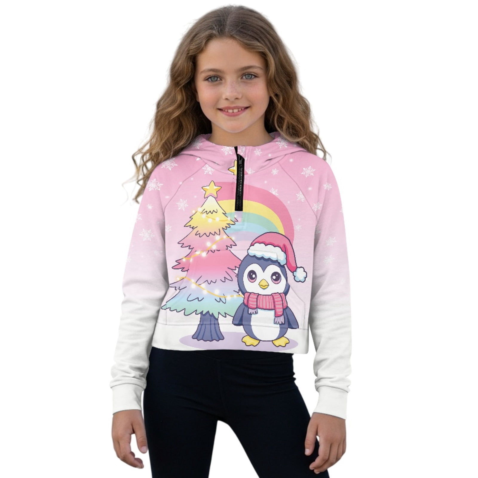 Xoenoiee Christmas Penguin Tree Rainbow Snowflake Print Girls 1/4 Zip ...