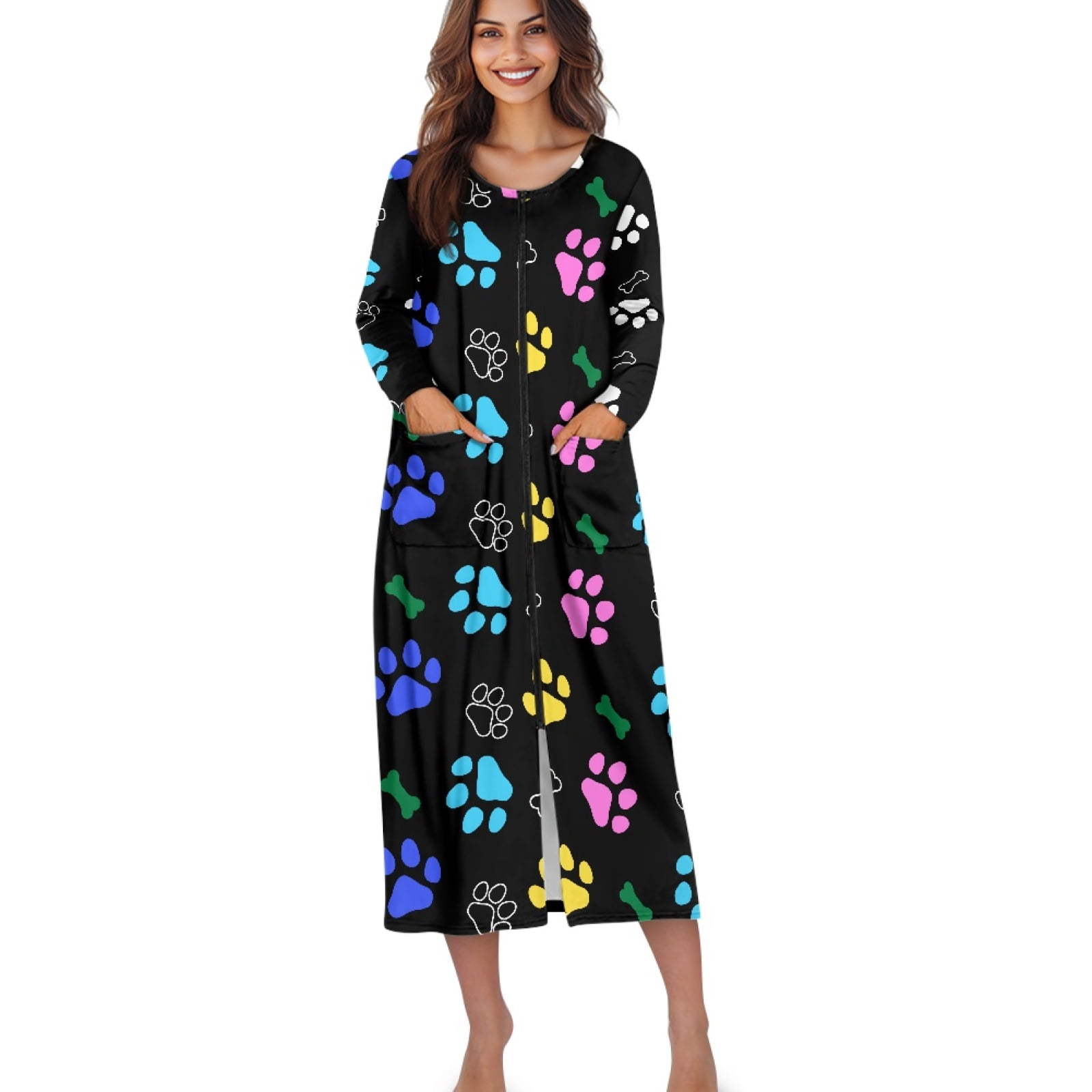 Xoenoiee Colorful Dog Paw Bone Print House Dresses for Women Zipper ...