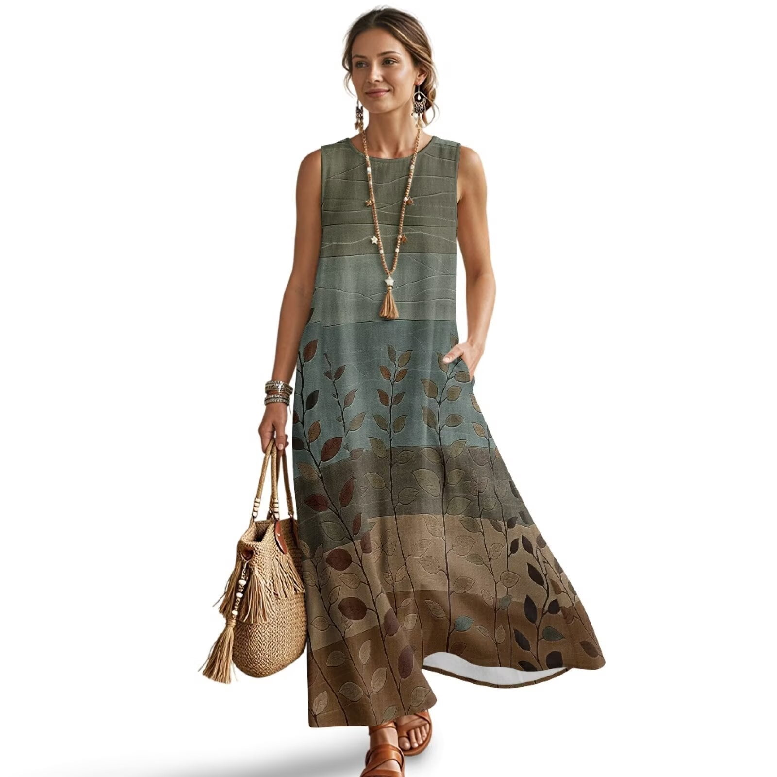 Xoenoiee Colorful Stripe Leaves Print Women's Linen-Like Summer Dresses ...