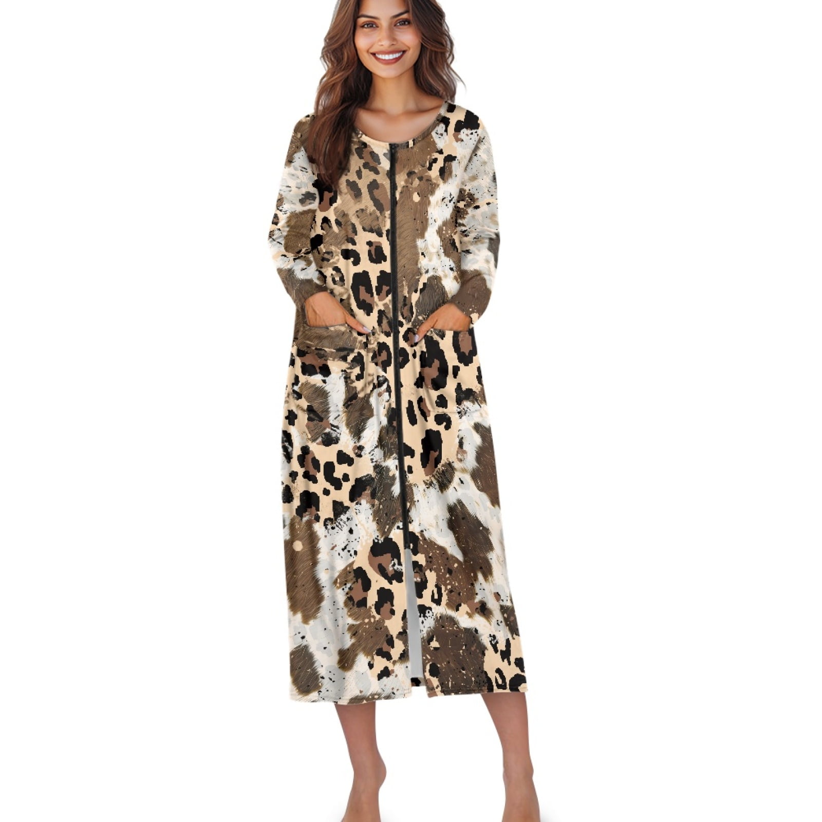 Xoenoiee Cow Leopard Print Women Zipper Robes Long Sleeves Housecoat ...
