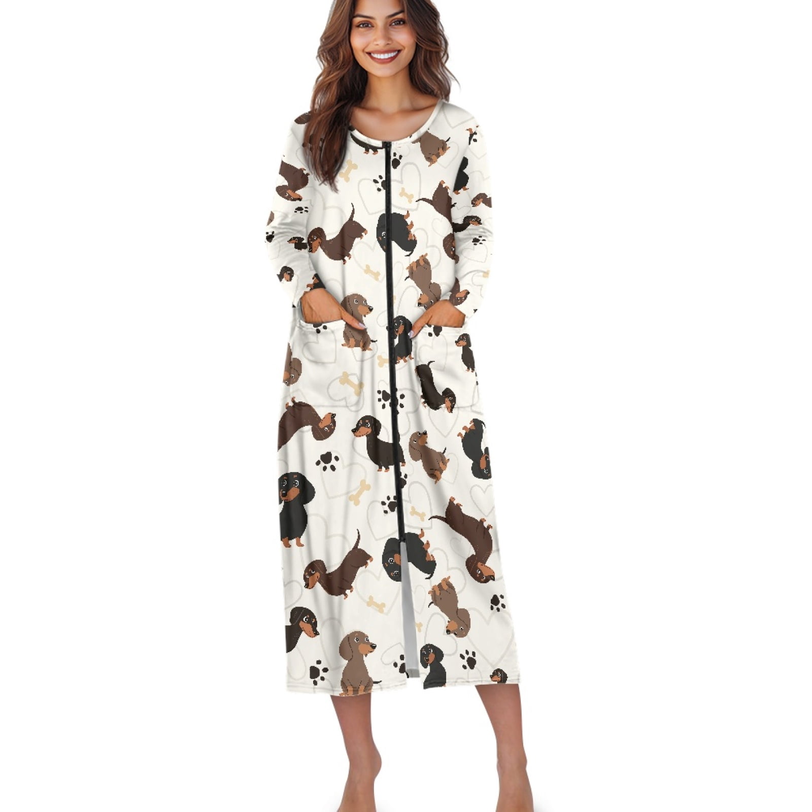 Xoenoiee Dachshund Paw Bone Heart Print House Dresses for Women Zipper ...