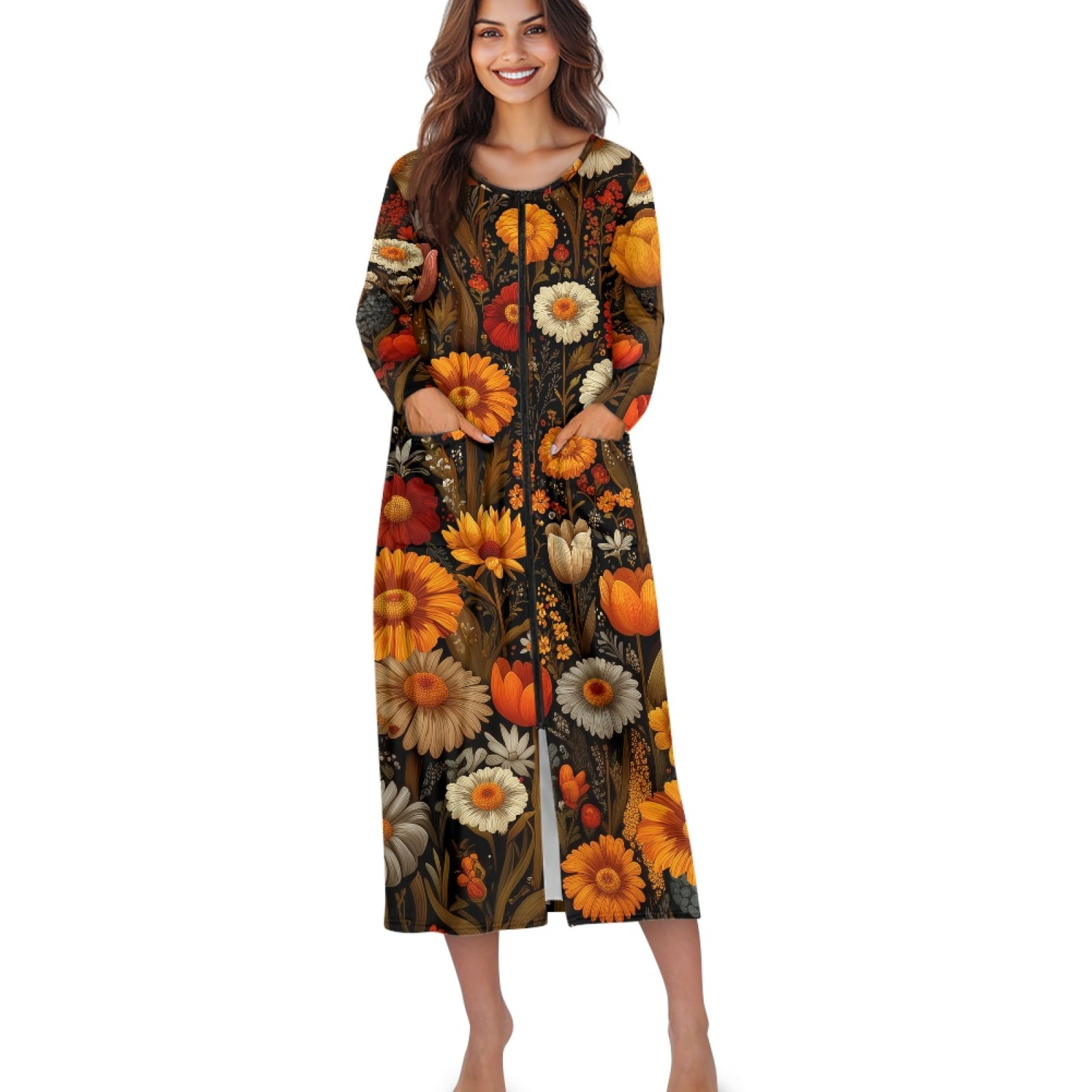 Xoenoiee Daisy Flower Print Womens Robe Long Zipper Front Bathrobe Full ...