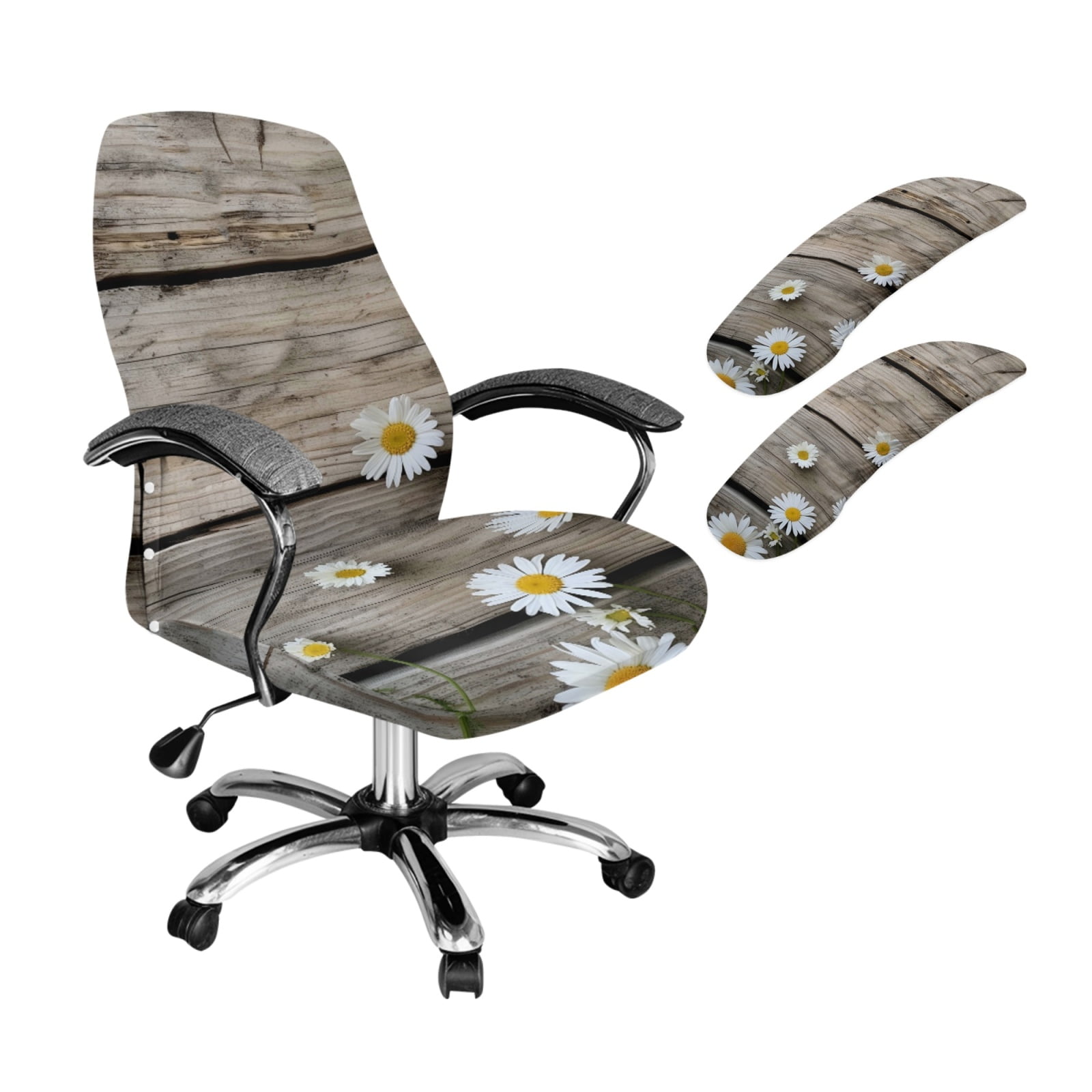 Xoenoiee Daisy Wood Print Stretch Computer Office Chair Cover with Arm ...