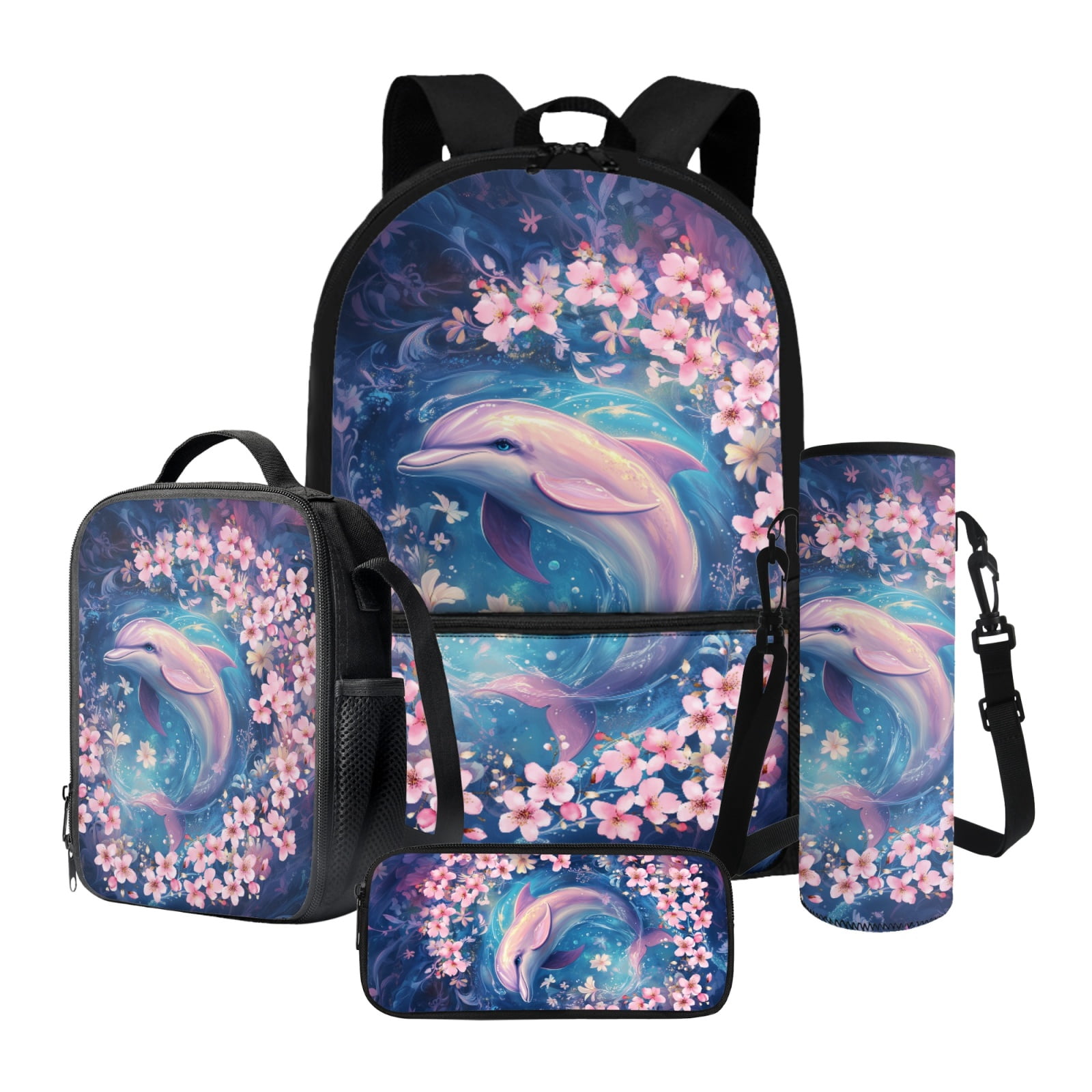 Xoenoiee Dolphin Cherry Blossom Print 4 in 1 Kids Backpack School Bag ...