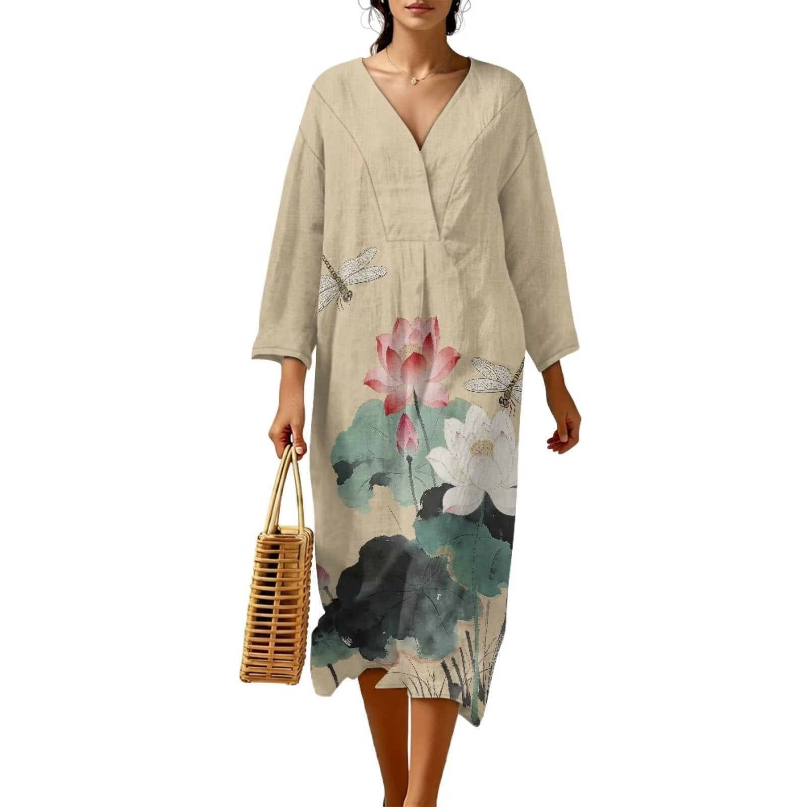 Xoenoiee Dragonfly Lotus Flower Leaves Print Linen Midi Dress for Women ...