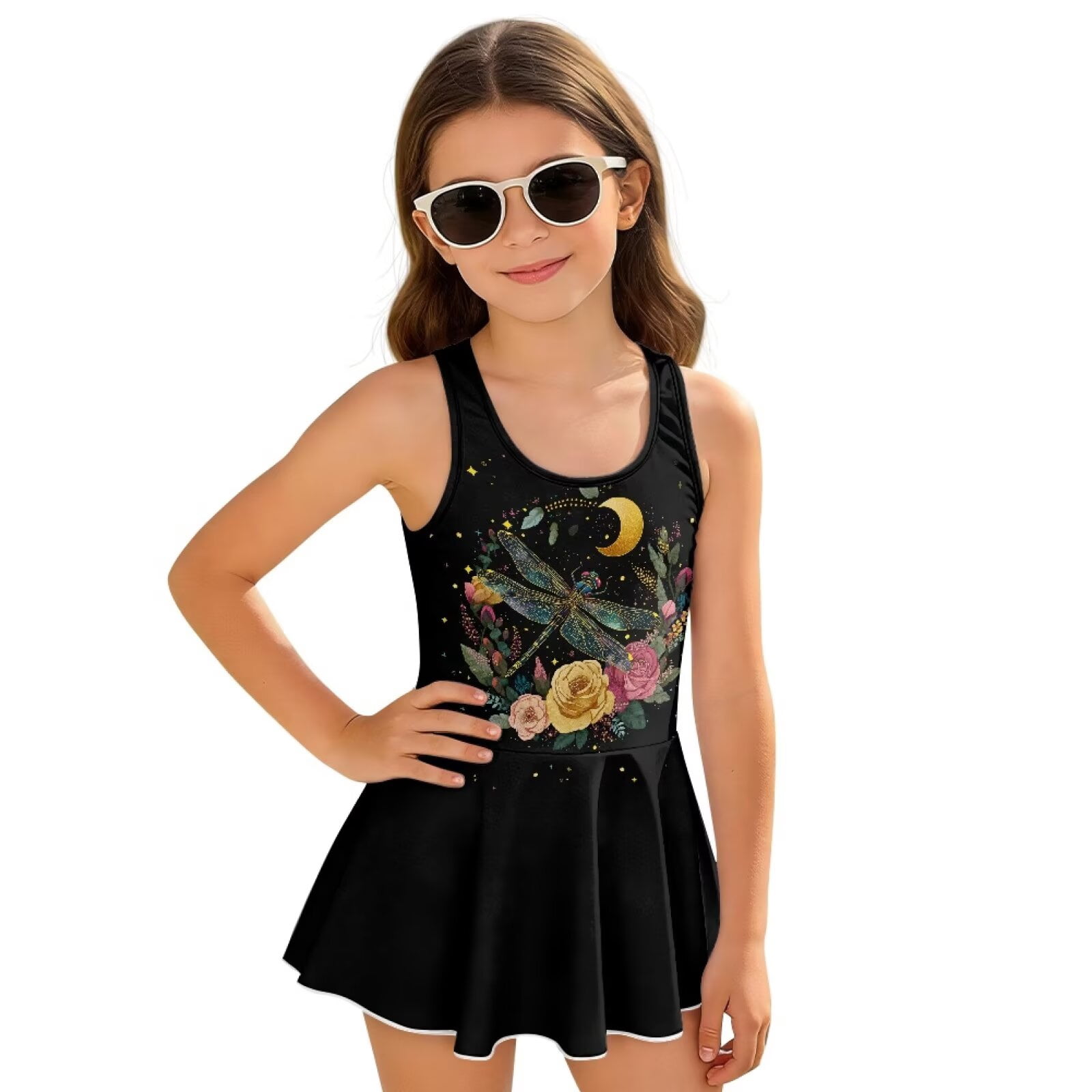 Xixirimido Dragonfly Roses Moon Print Girls Swimsuit Sleeveless One ...