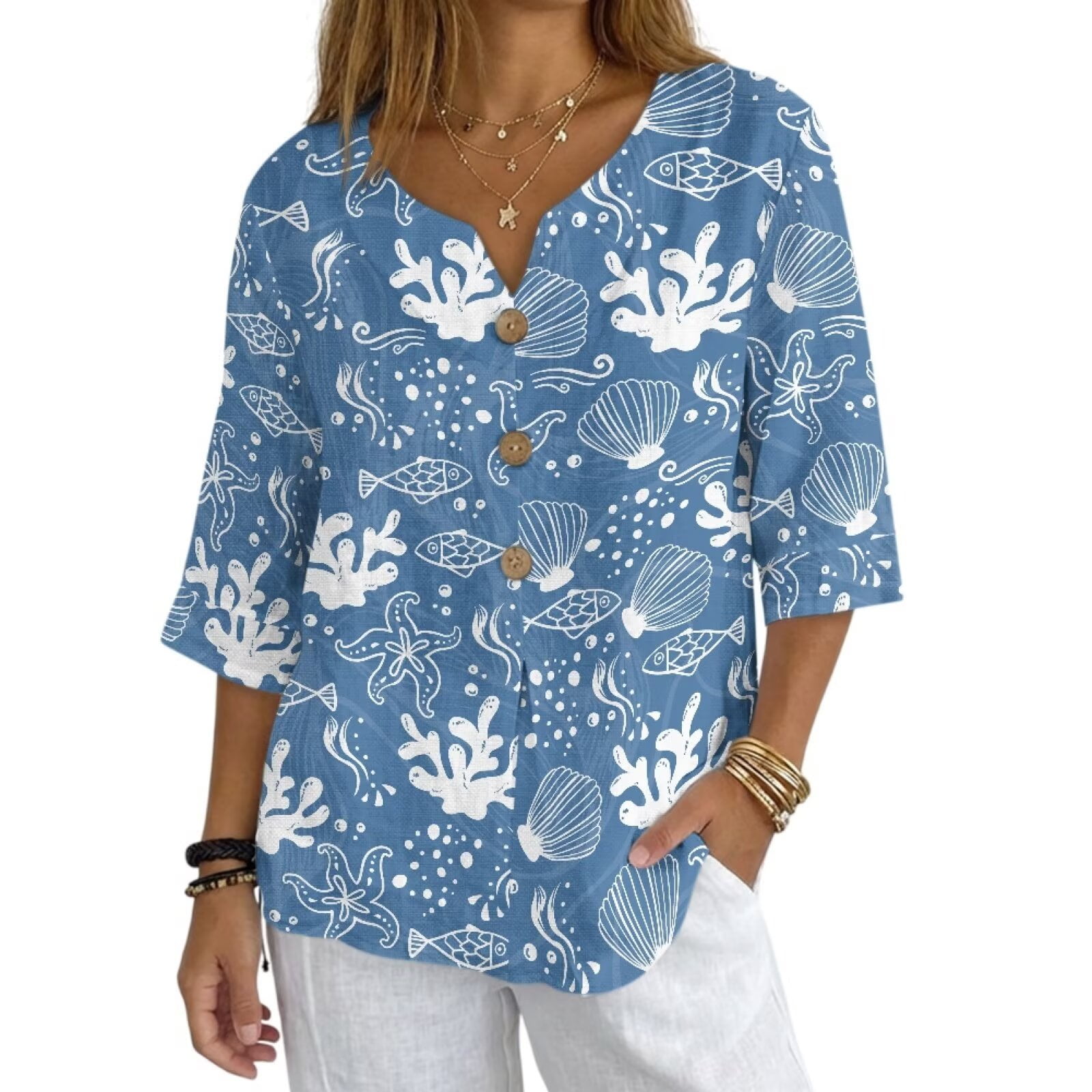 Xoenoiee Fish Starfish Shell Coral Blue Print Women Linen Shirt Button ...