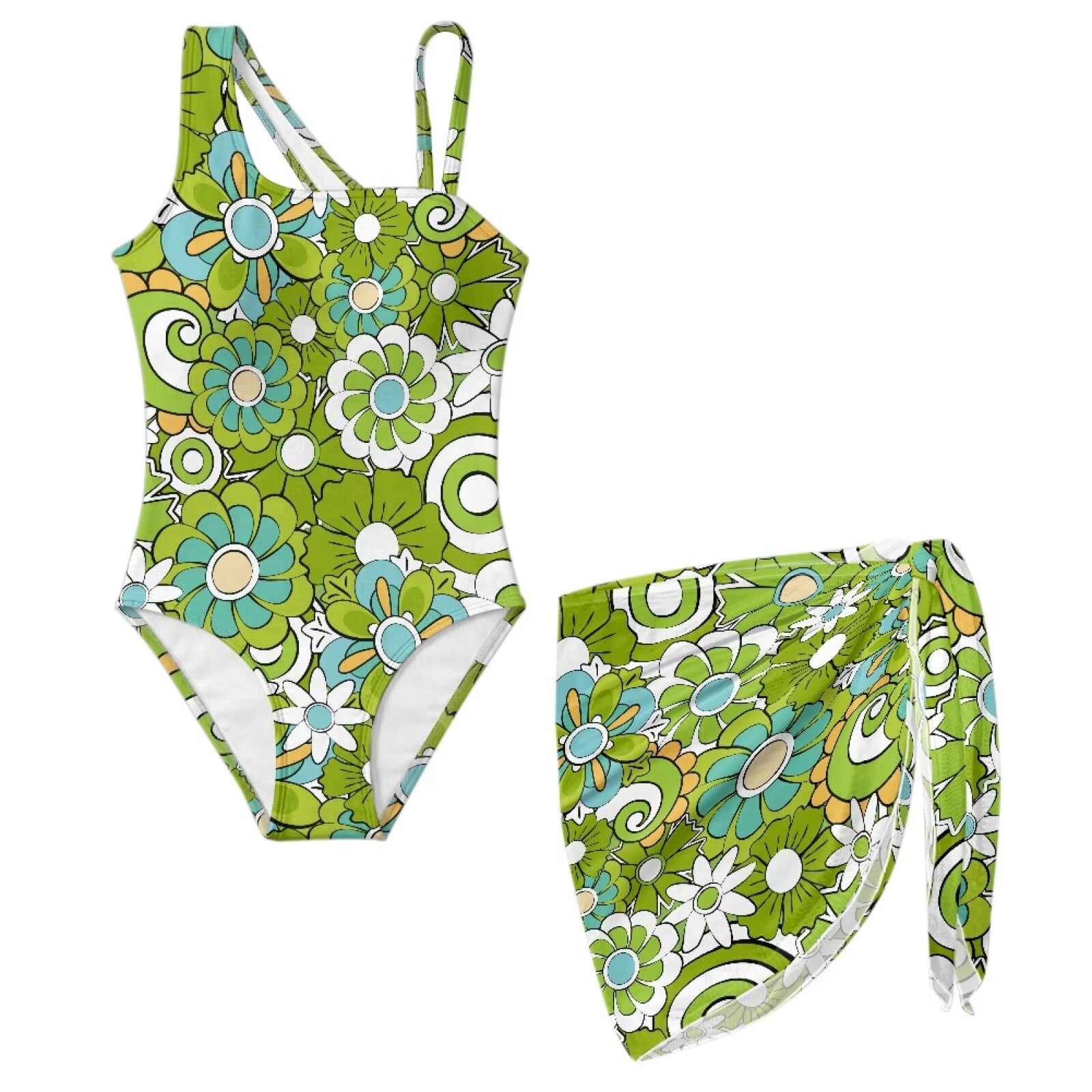Xoenoiee Green Hippie Daisy Print Girls Swimsuit Cut Out One Piece ...