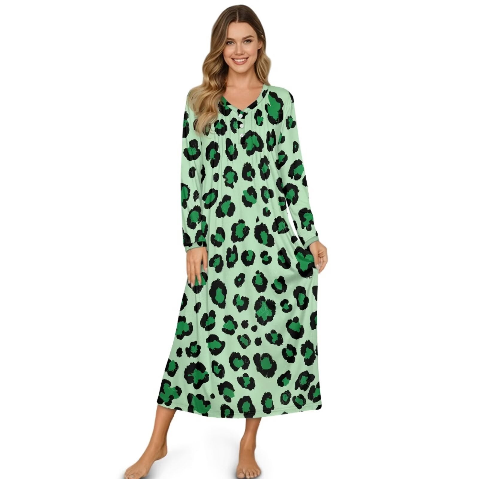 Xoenoiee Green Leopard Print Nightgowns for Women Long Sleeves ...