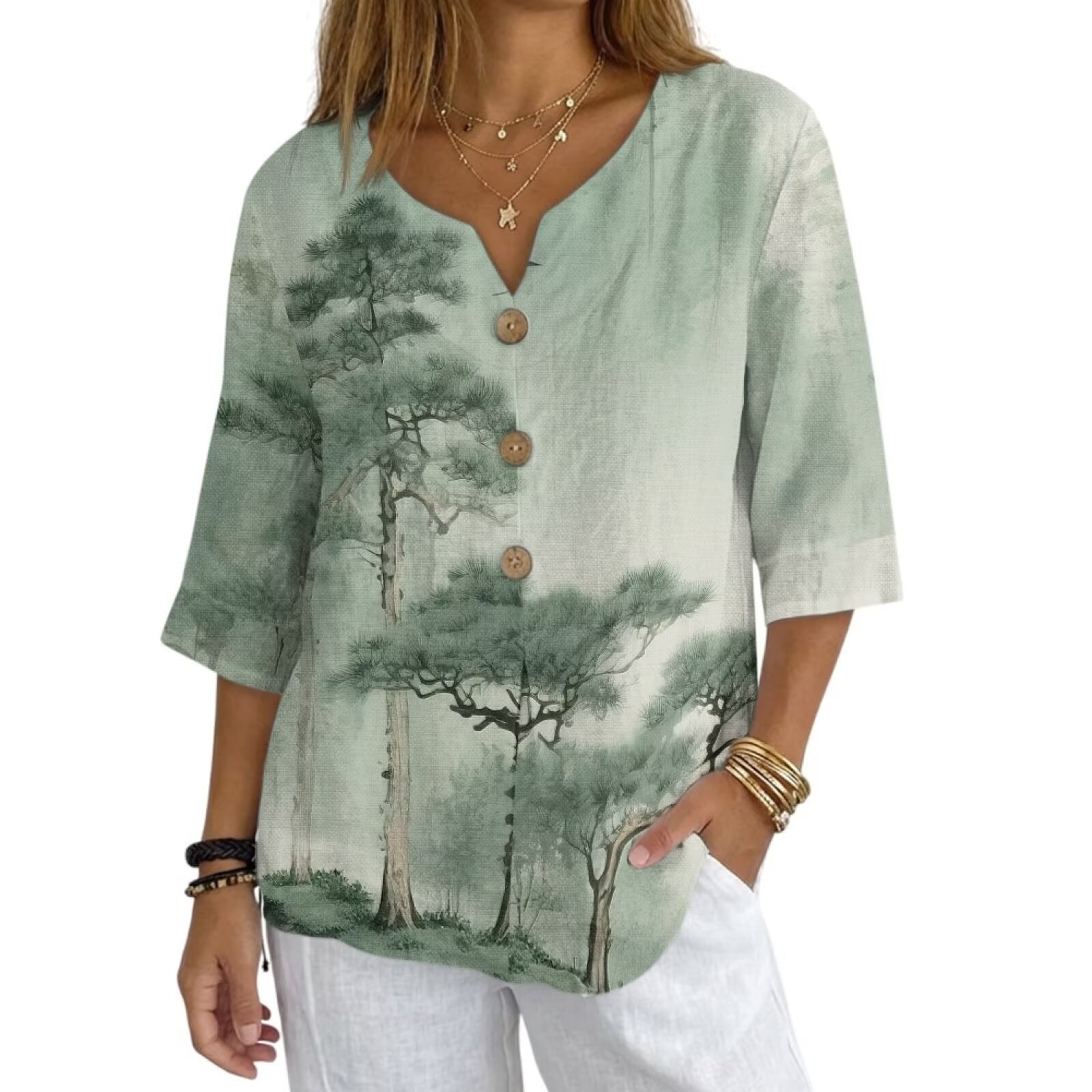 Xoenoiee Green Pine Tree Print Womens 3/4 Sleeve Tops Cotton Linen ...
