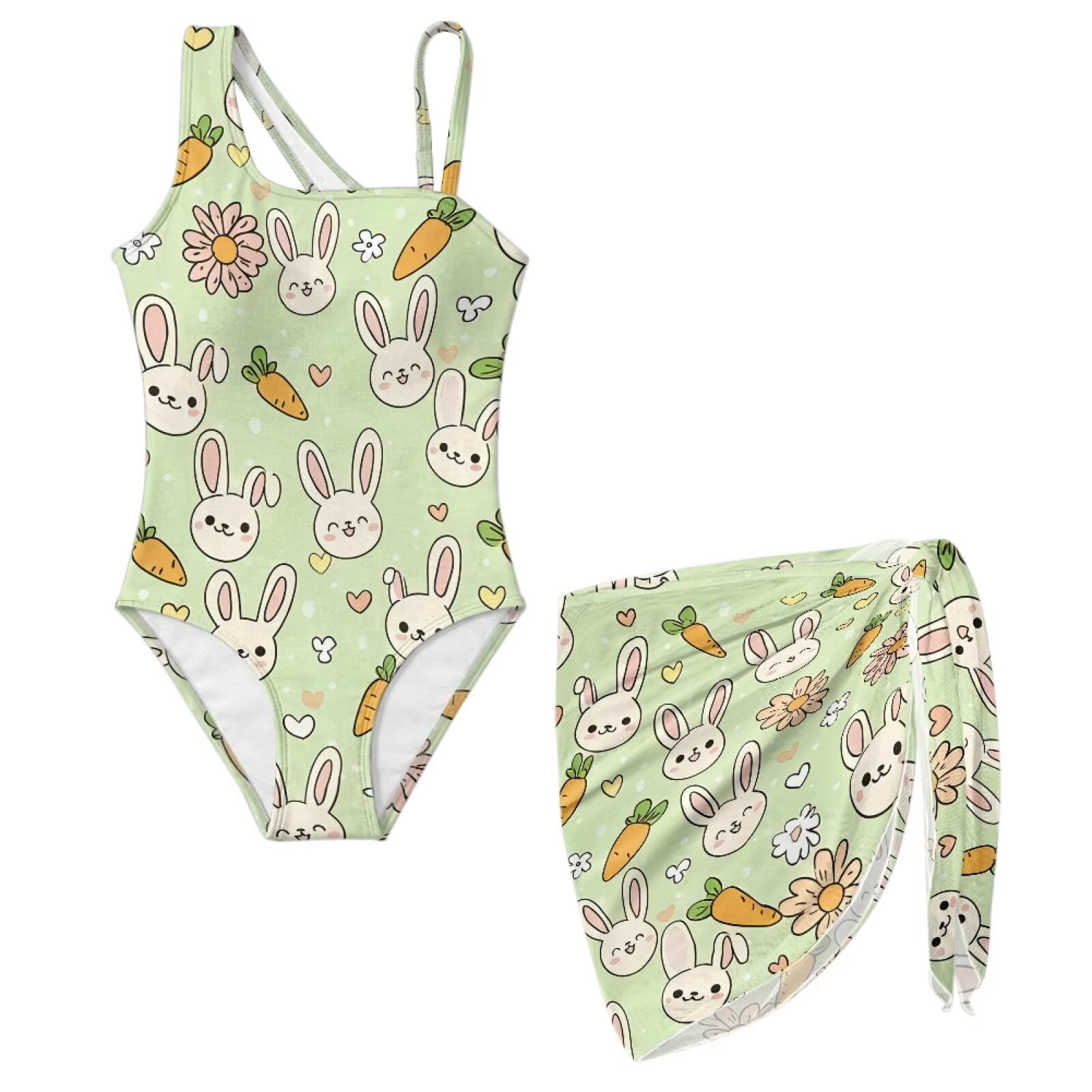Xoenoiee Green Rabbit Bunny Carrot Egg Flower Pattern Girls One Piece ...