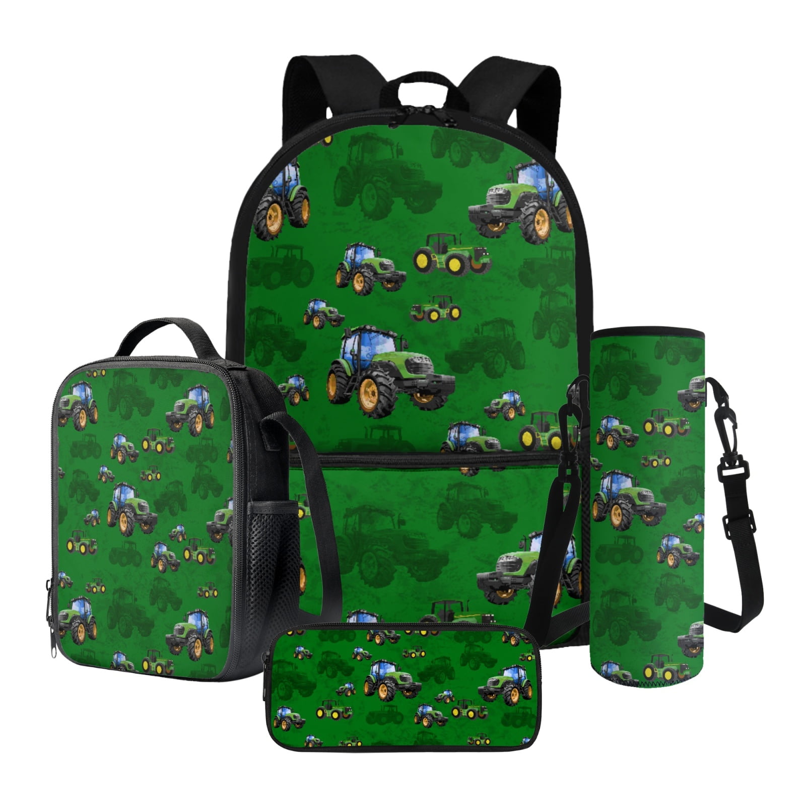Xoenoiee Green Tractor Print 4 Pcs Kids Backpack Set with Lunch Box ...
