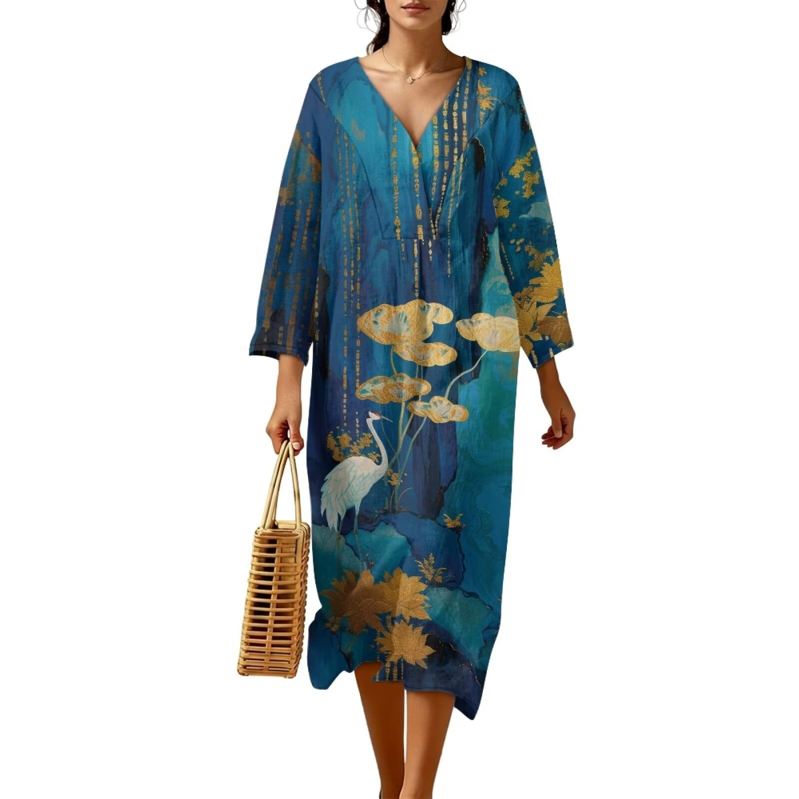 Xoenoiee Grus Japonensis Lotus Flower Leaves Print Cotton Linen Dresses ...