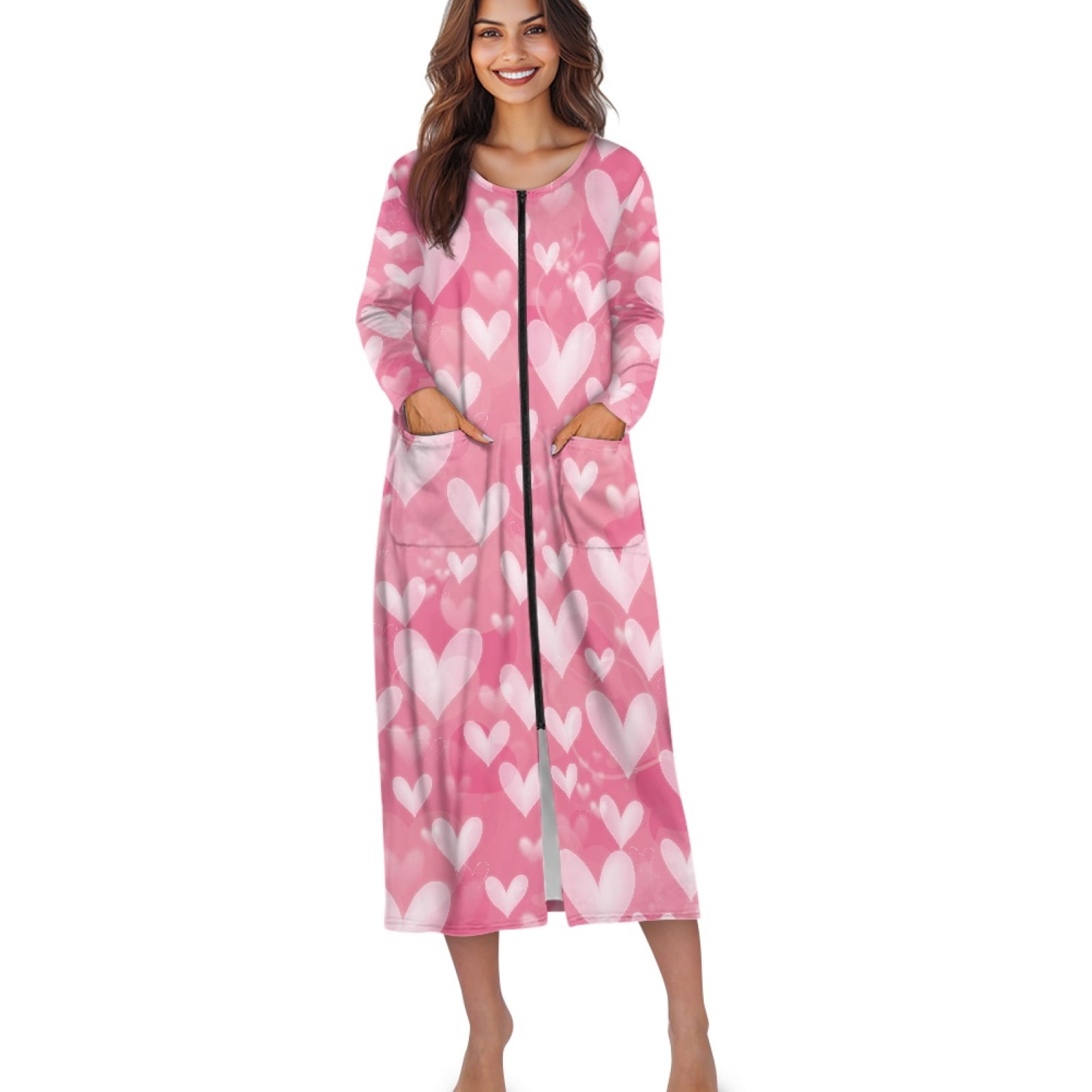 Xoenoiee Heart Love Print Nightgown House Dress Zip up Robes for Women ...