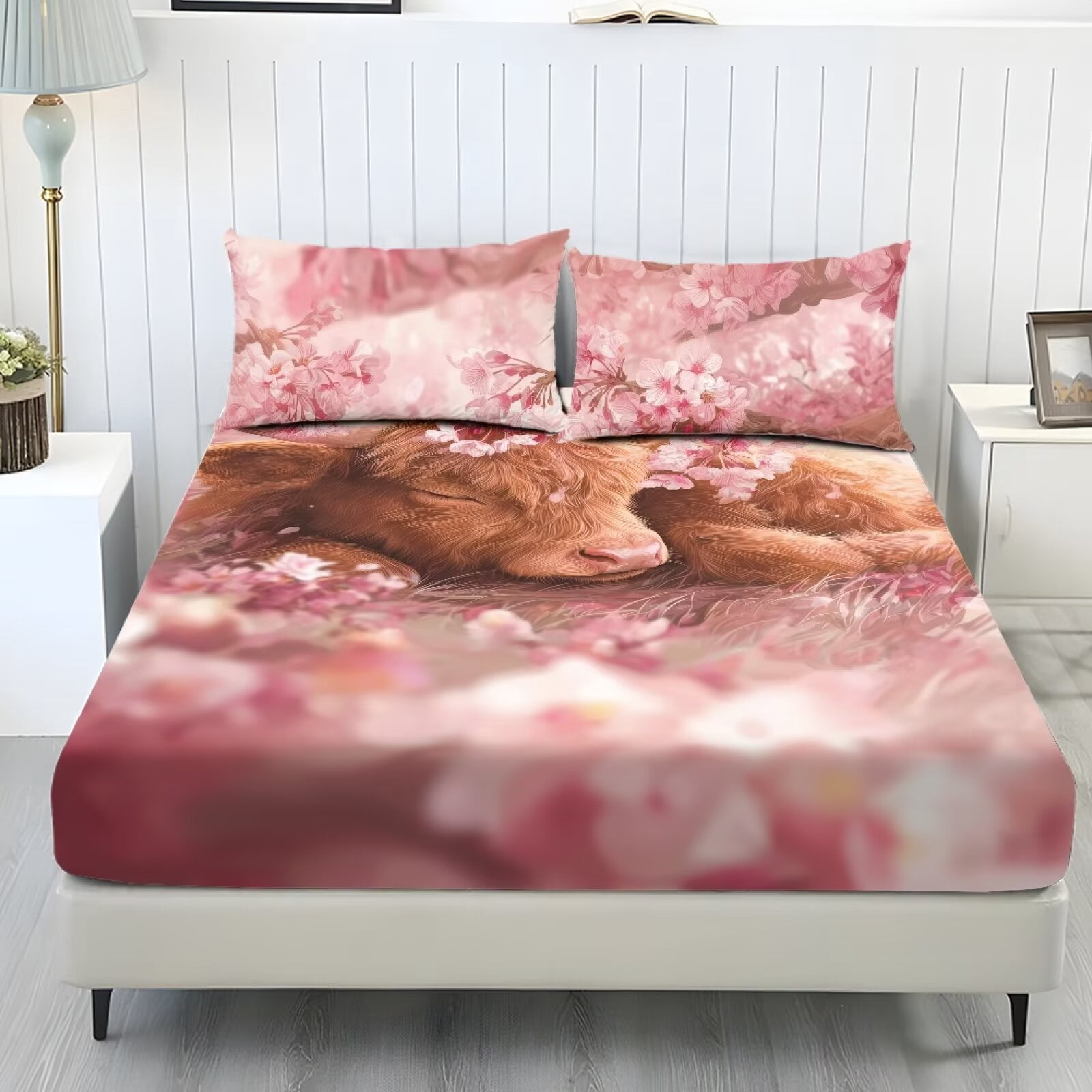 Xoenoiee Highland Cattle Cherry Blossom Print Fitted Sheet Set 3 Piece ...