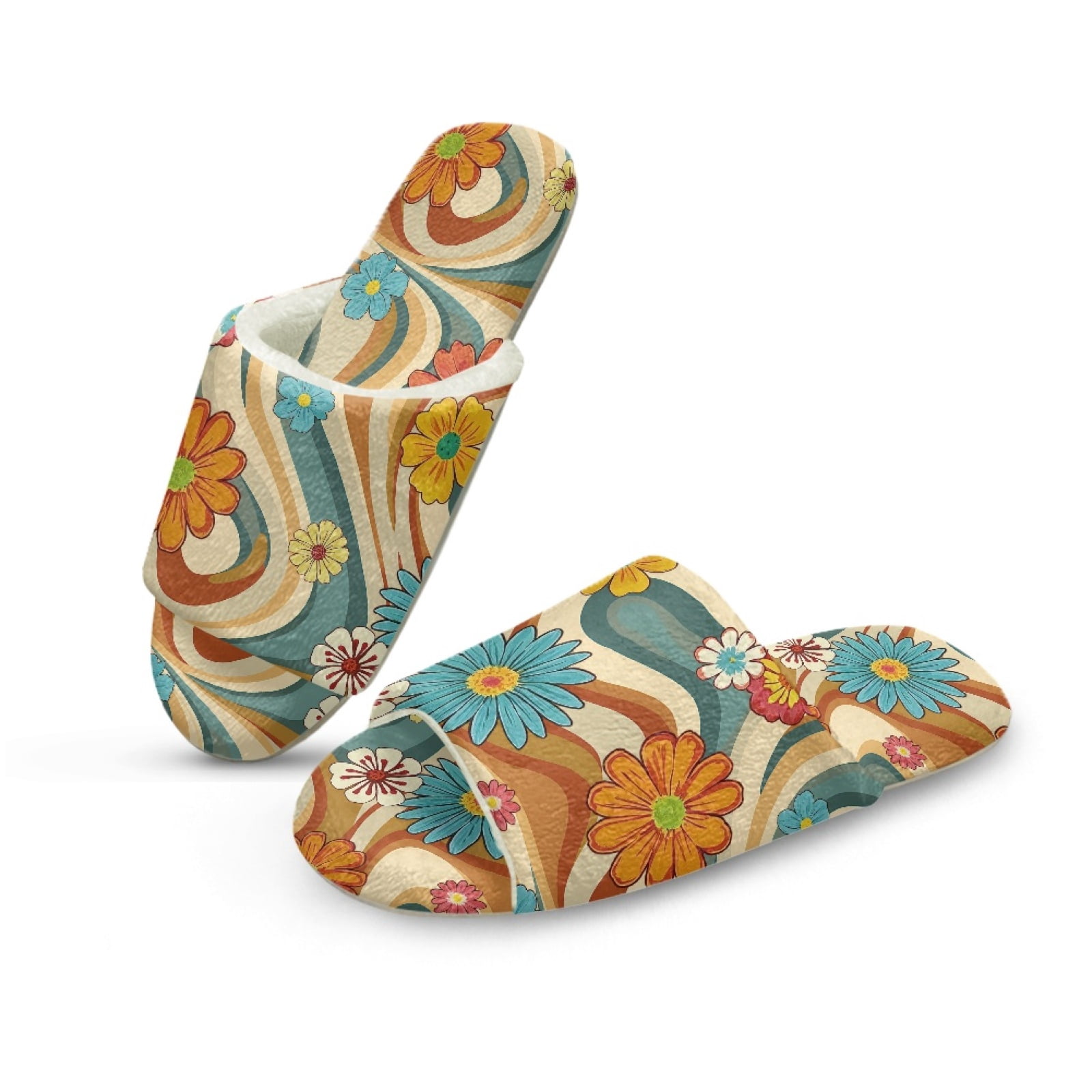 Xoenoiee Hippie Daisy Swirl Print Womens Open Toe Furry Slide Slippers ...