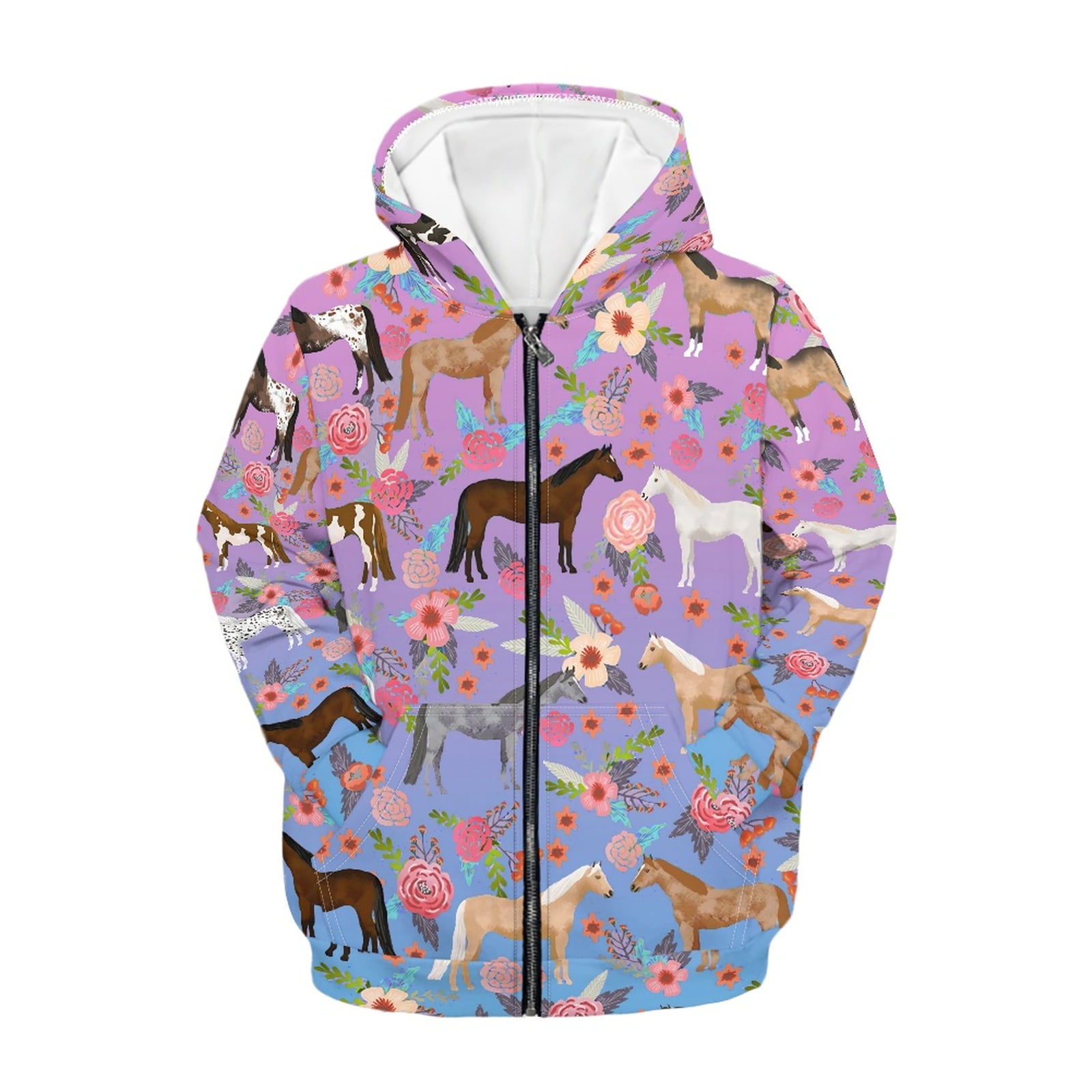 Xoenoiee Horse Flower Print Kids Zip Up Hoodie for Girls Boys 14-16 ...