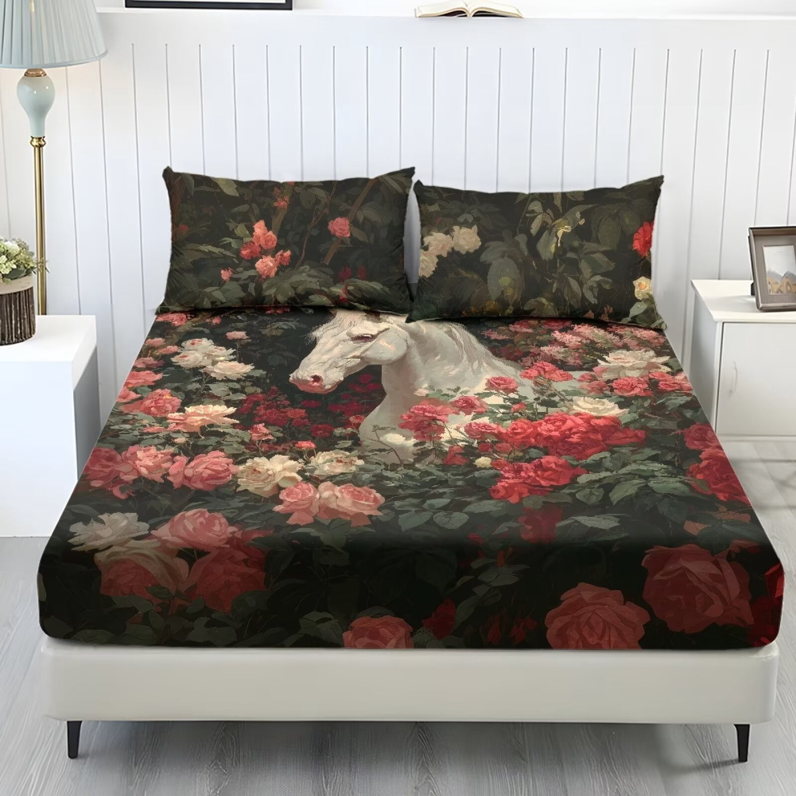Xoenoiee Horse Rose Flower Print Fitted Sheet Set, 3-Piece Bedding Set ...