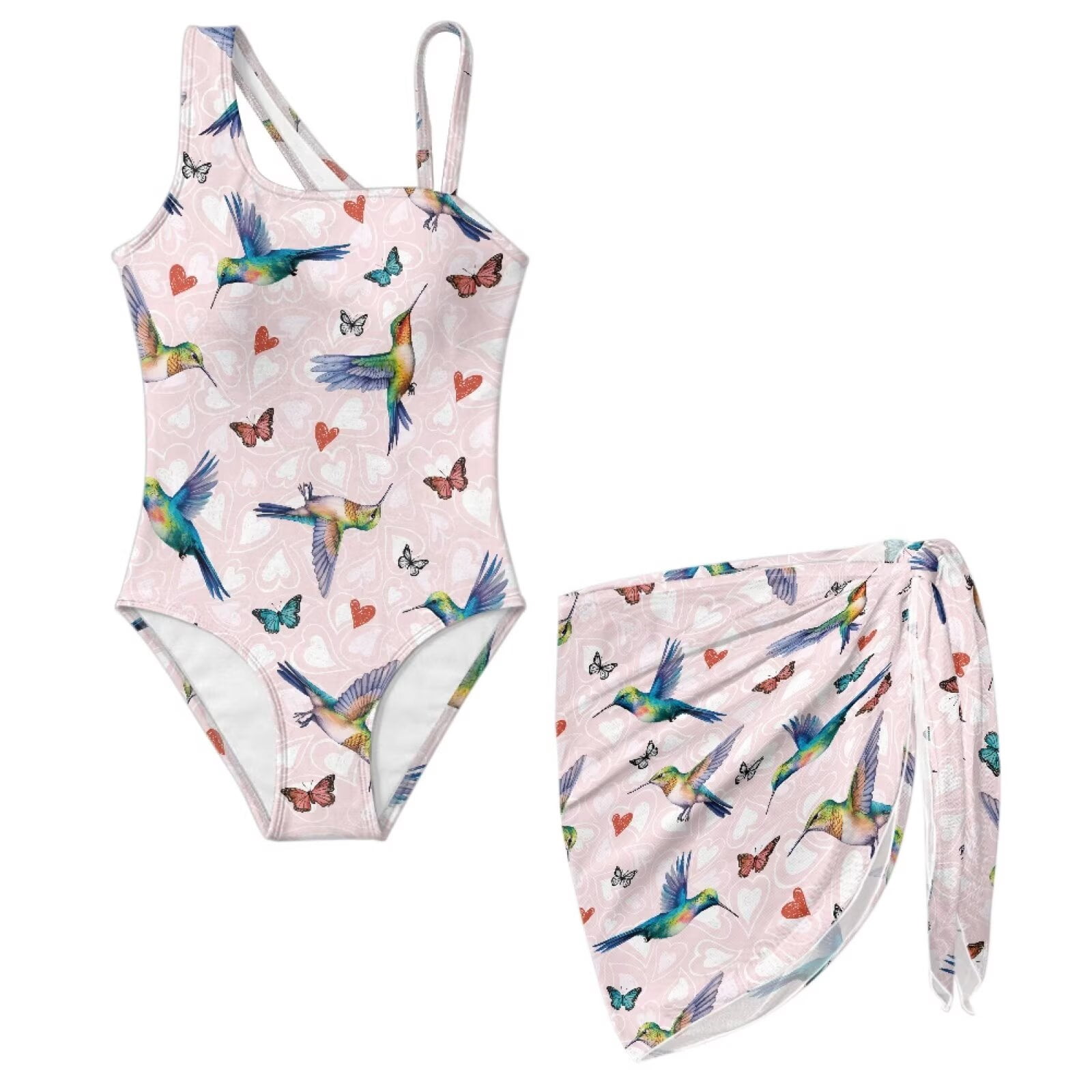 Xoenoiee Hummingbird Butterfly Heart Print Girls' Swimsuit Summer One ...
