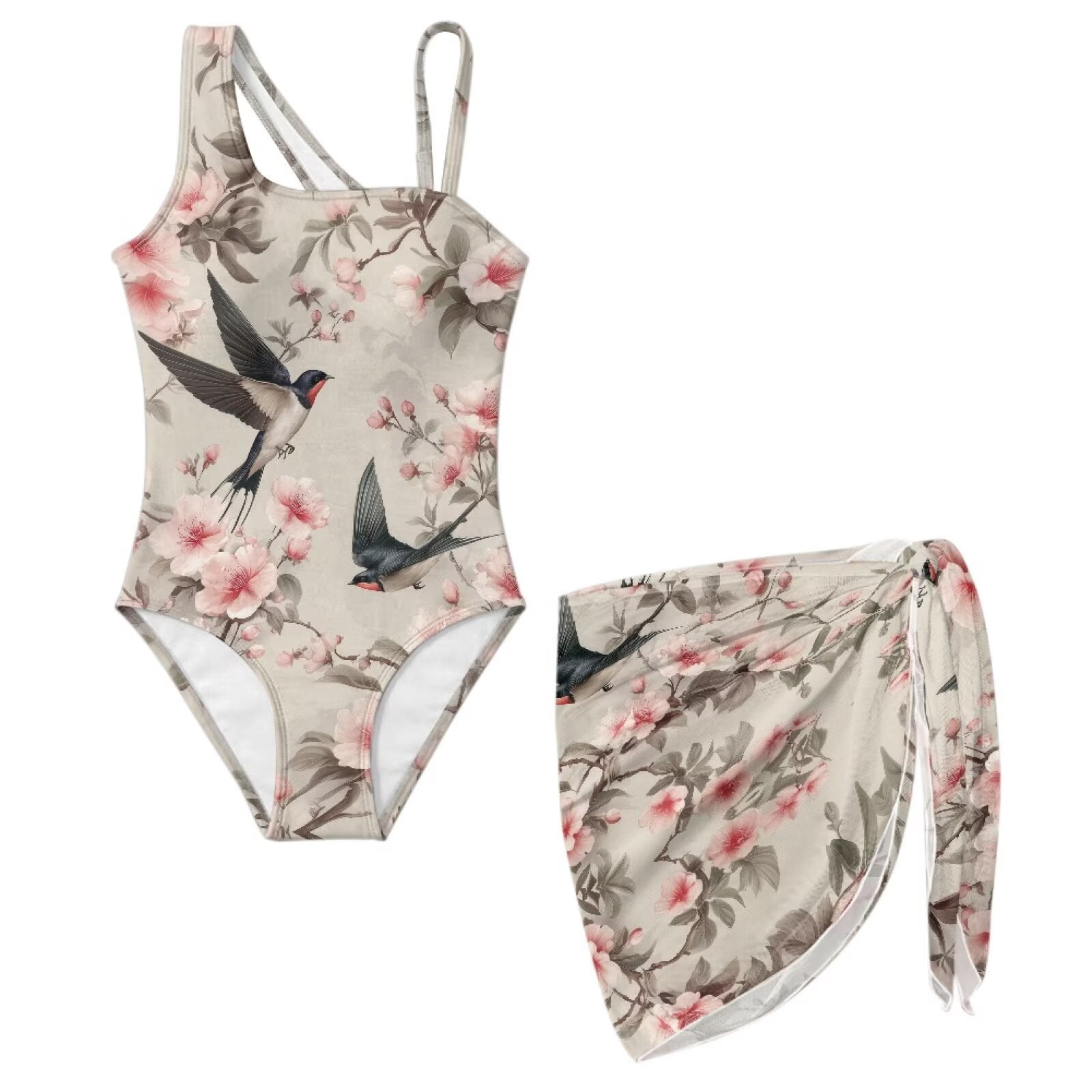 Xoenoiee Hummingbird Cherry Blossom Pattern Girls Swimsuit with ...