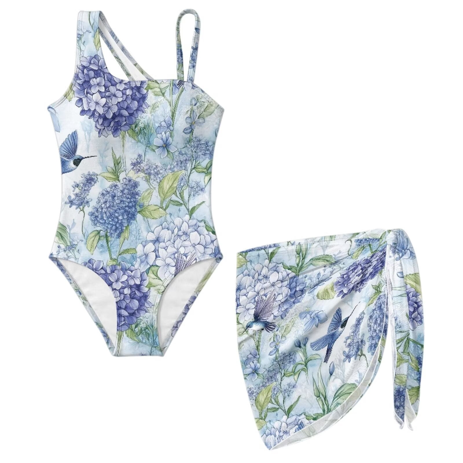 Xoenoiee Hummingbird Hydrangea Flower Print Girls Swimsuit Quick Dry ...