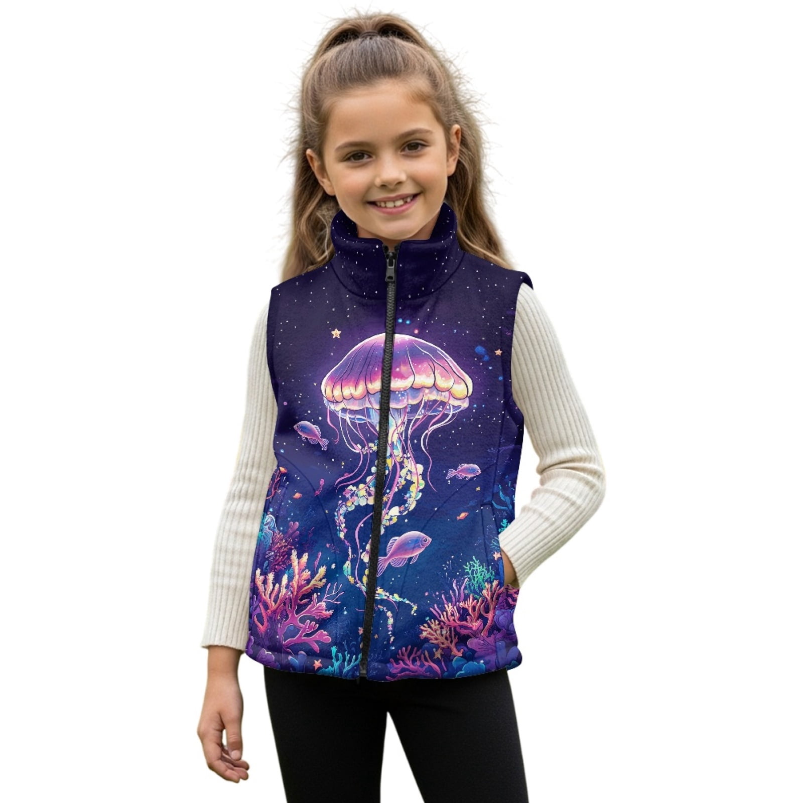 Xoenoiee Jellyfish Fish Coral Print Girls Jacket with Pockets Soft ...