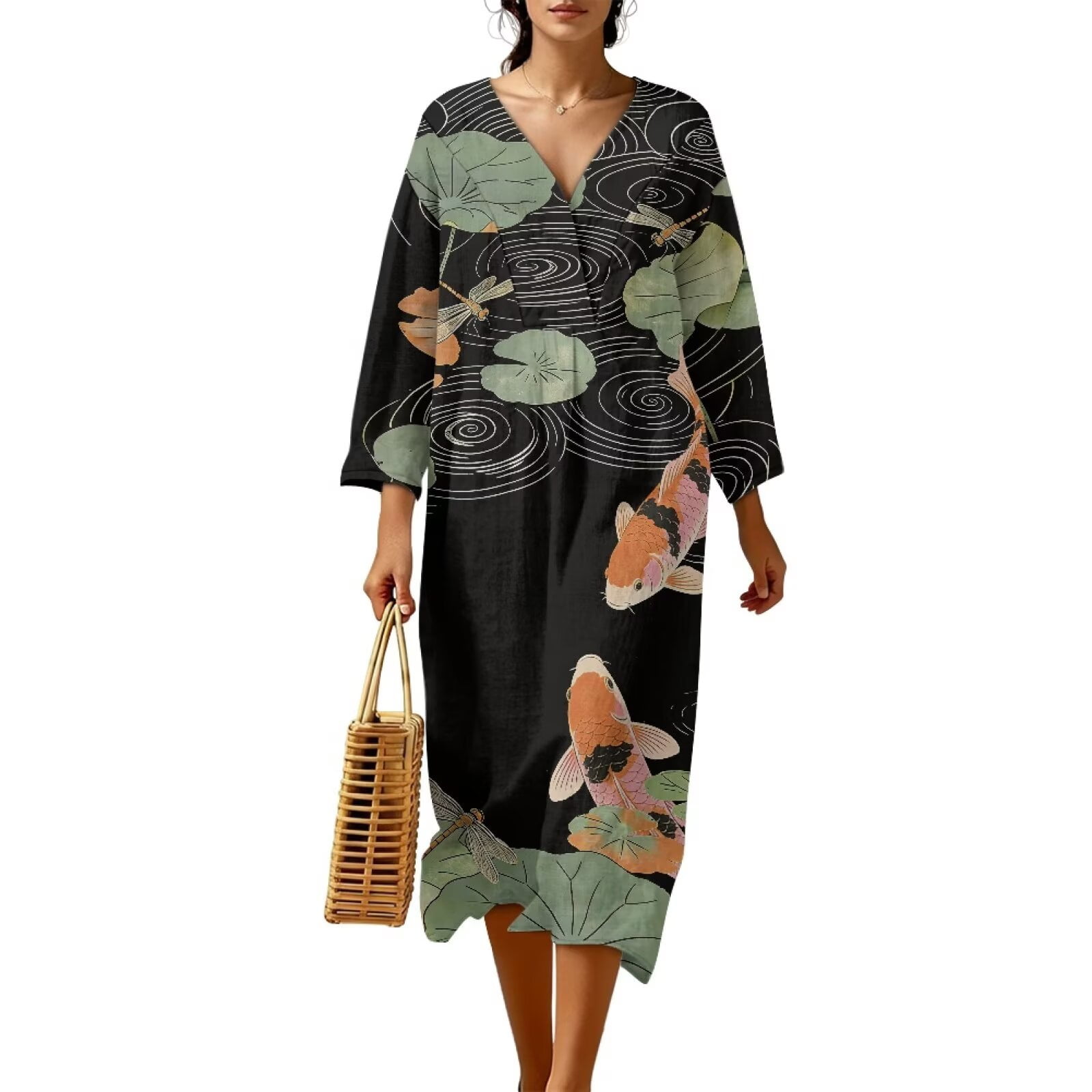 Xoenoiee Koi Fish Dragonfly Lotus Leaves Print Linen Midi Dress for ...