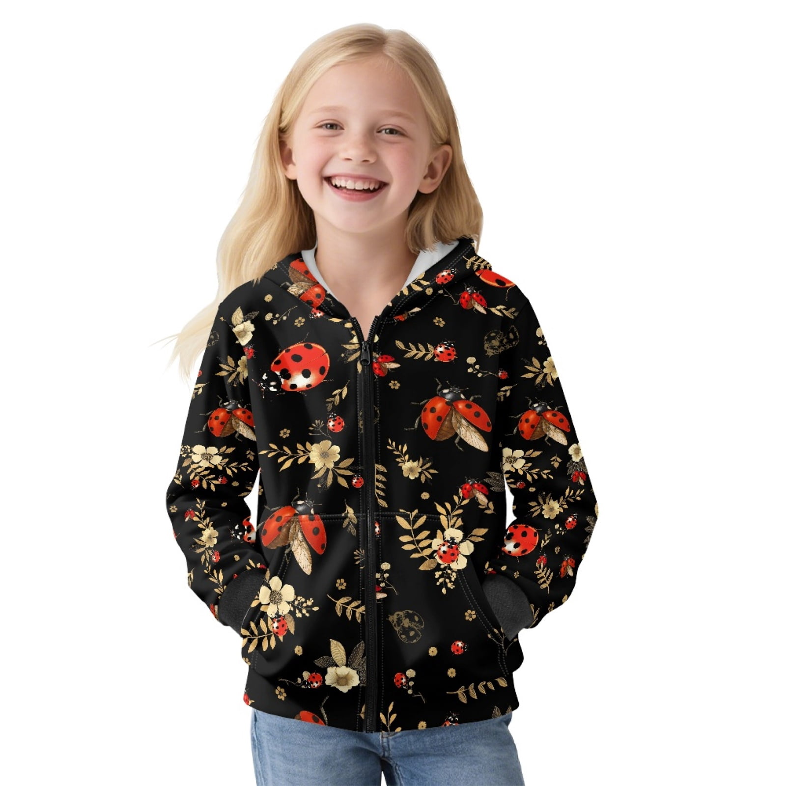 Xoenoiee Ladybug Flower Print Zip Up Hooded Sweatshirt for Girls ...