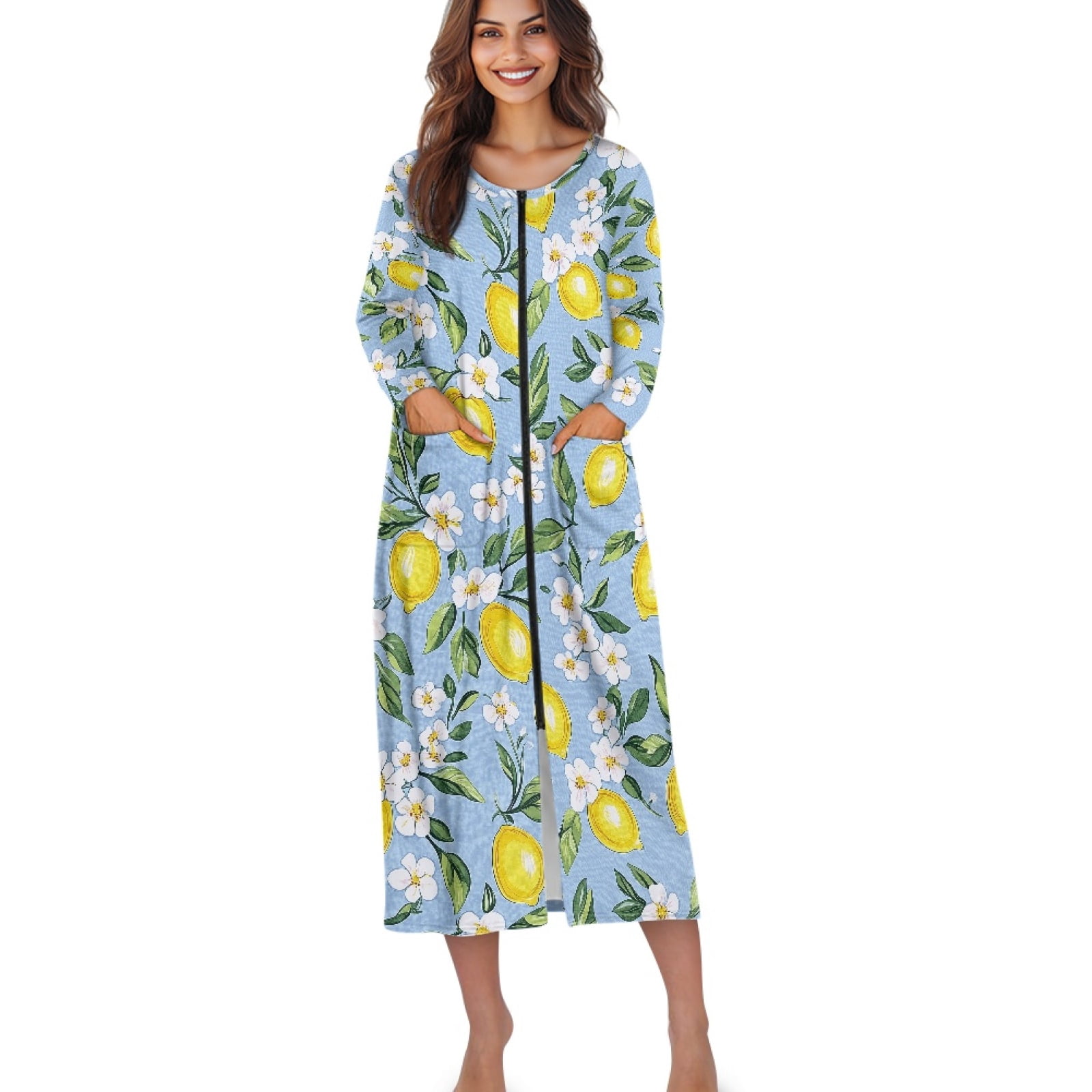 Xoenoiee Lemon Floral Print Women's Zip Up Robe Fleece Bathrobe Long ...
