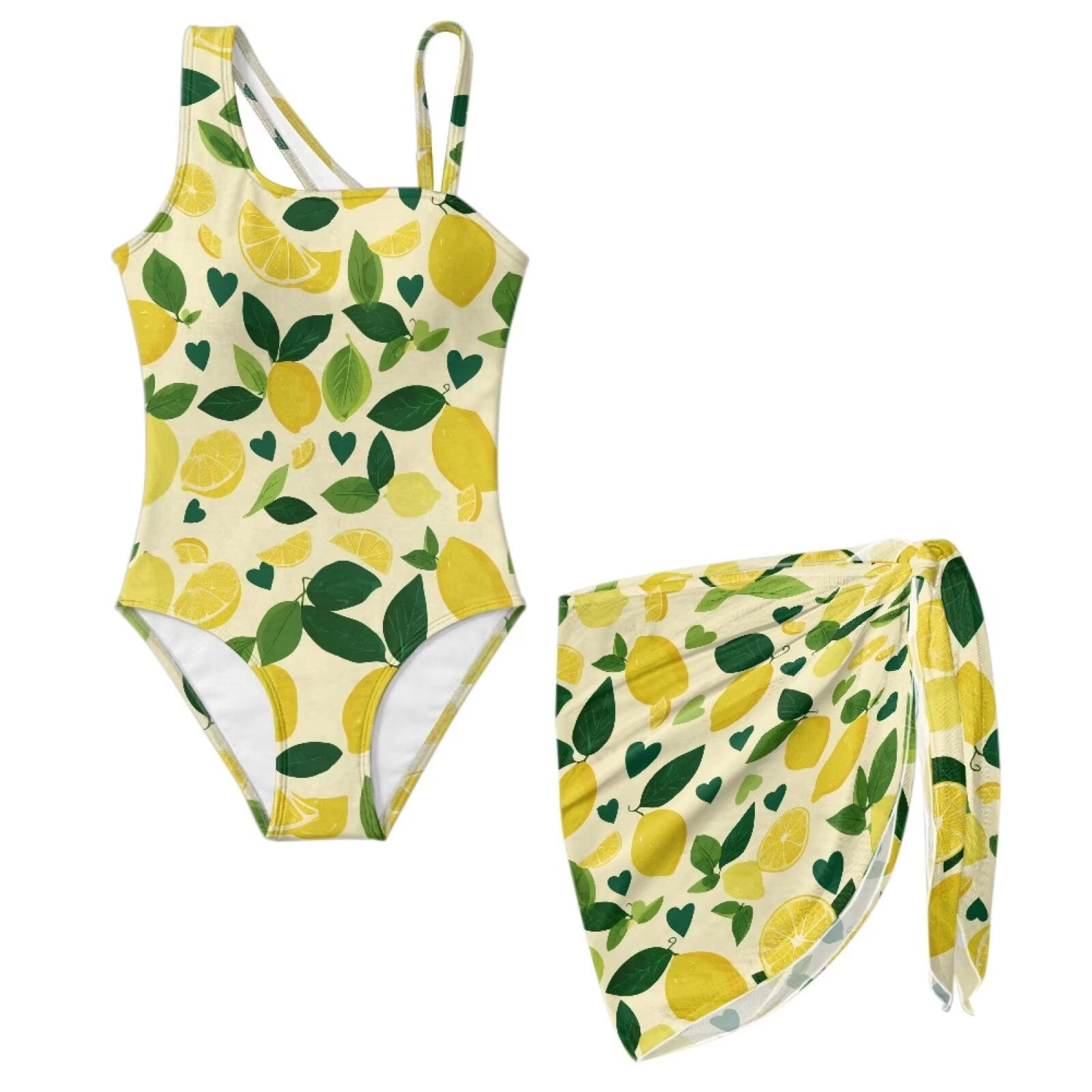 Xoenoiee Lemon Leaves Print Girls Swimsuit with Adjustable Straps Cut ...
