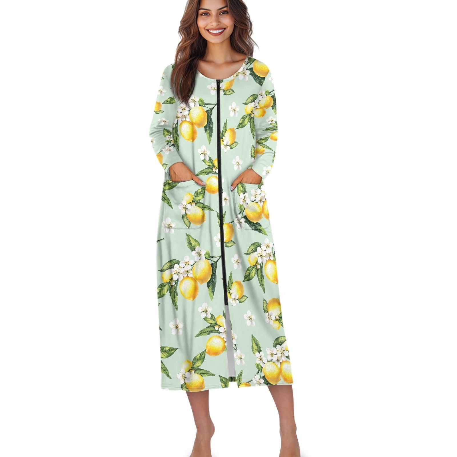 Xoenoiee Lemon Plumeria Flower Print Womens Housecoat Zip Robe Zip Up ...