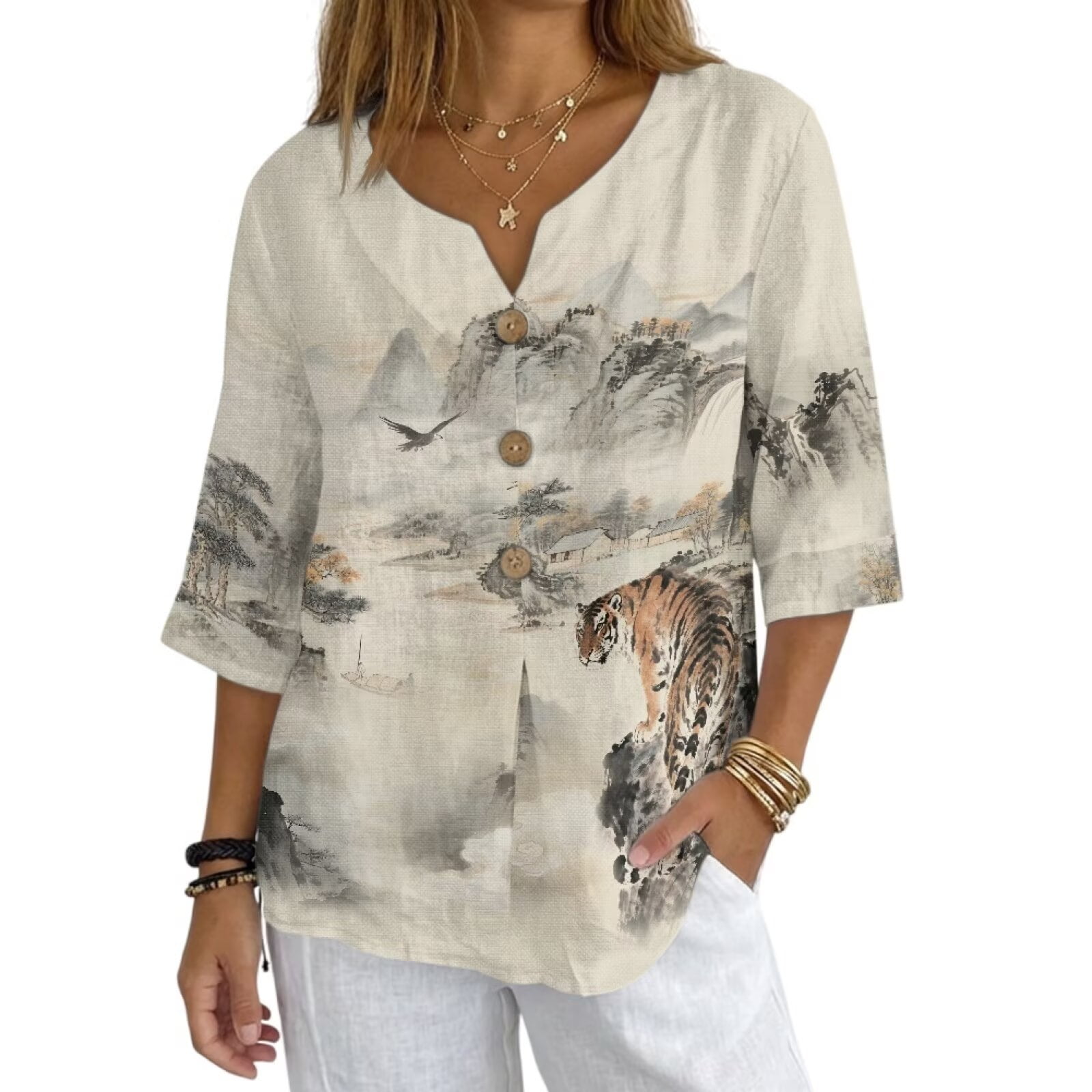 Xoenoiee Leopard Eagle Mountain House Pine Tree Print Button Down ...