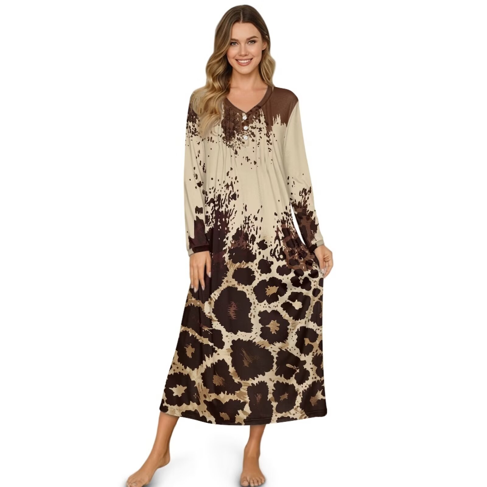 Xoenoiee Leopard Paint Splatter Print Nightgown for Women Long Sleeve ...
