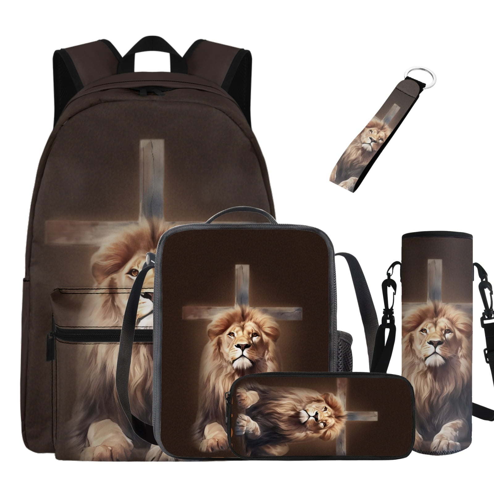 Xoenoiee Lion Cross Print Backpack 5 in 1 School Bag Sets with Lunch ...