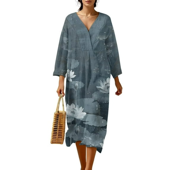 Xoenoiee Lotus Flower Leaves Print Cotton Linen Long Dresses for Women ...