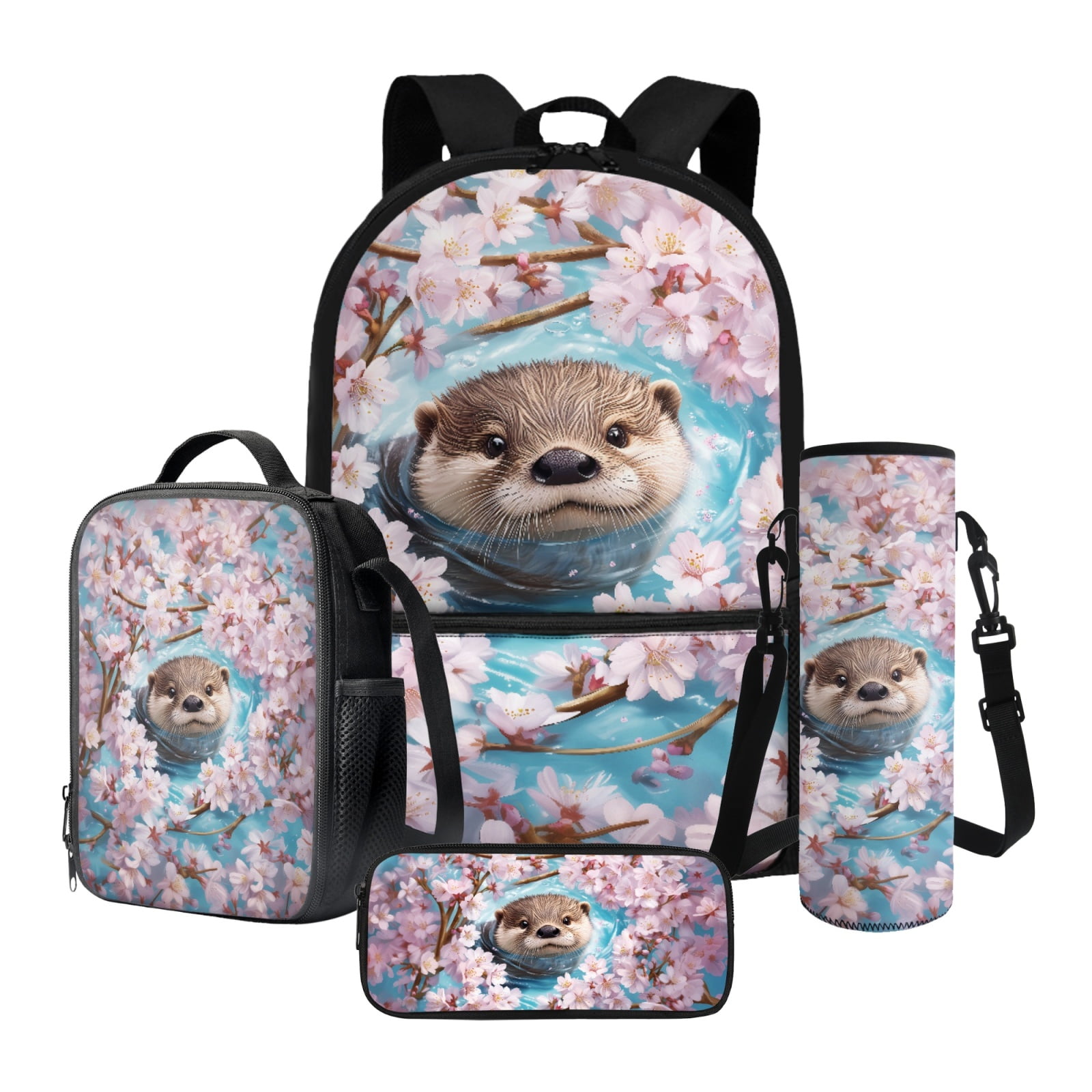 Xoenoiee Otter Cherry Blossom Print 4PCS Backpack Set Kids Schoolbag ...