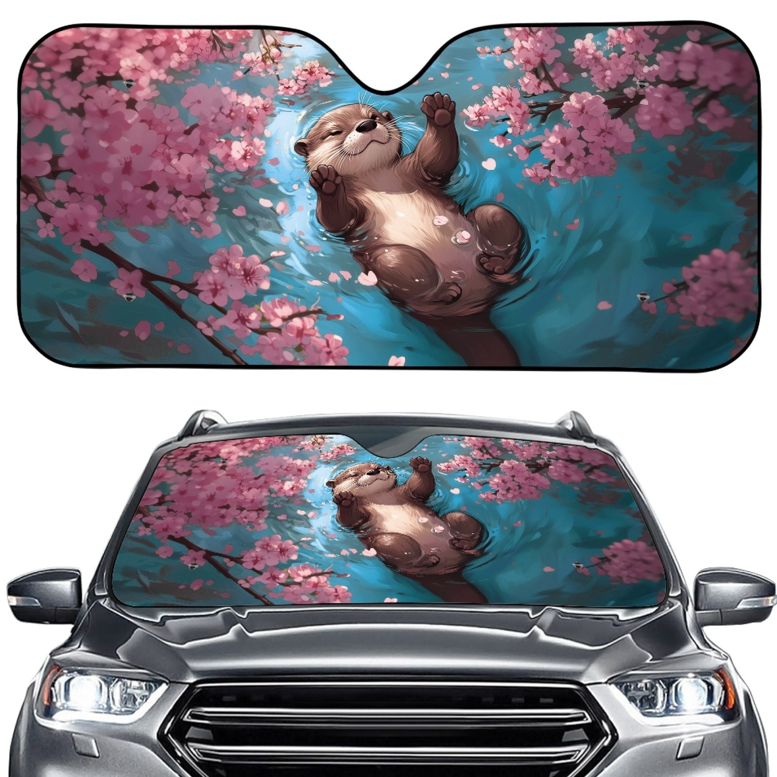 Xoenoiee Otter Cherry Blossom Print Car Windshield Sun Shade Auto Front ...