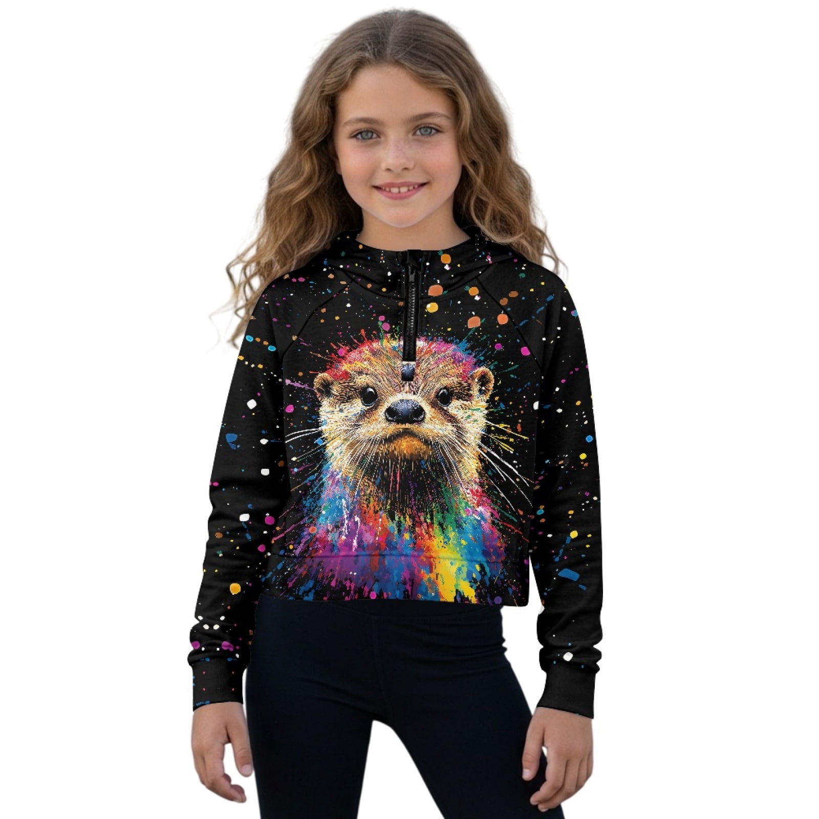 Xoenoiee Otter Paint Splatter Print Girls 1/4 Zip Hoodies Oversized ...
