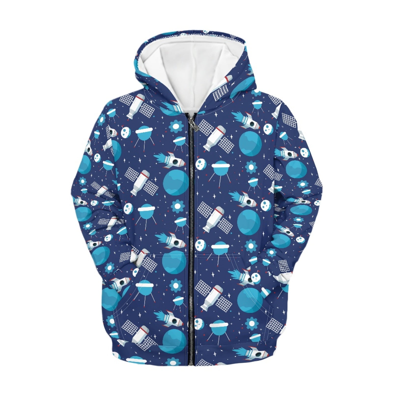 Xoenoiee Outer Space Satellite Spaceship Print Kids Zip Up Hoodie for Girls Boys 8-10 Years Fall ...