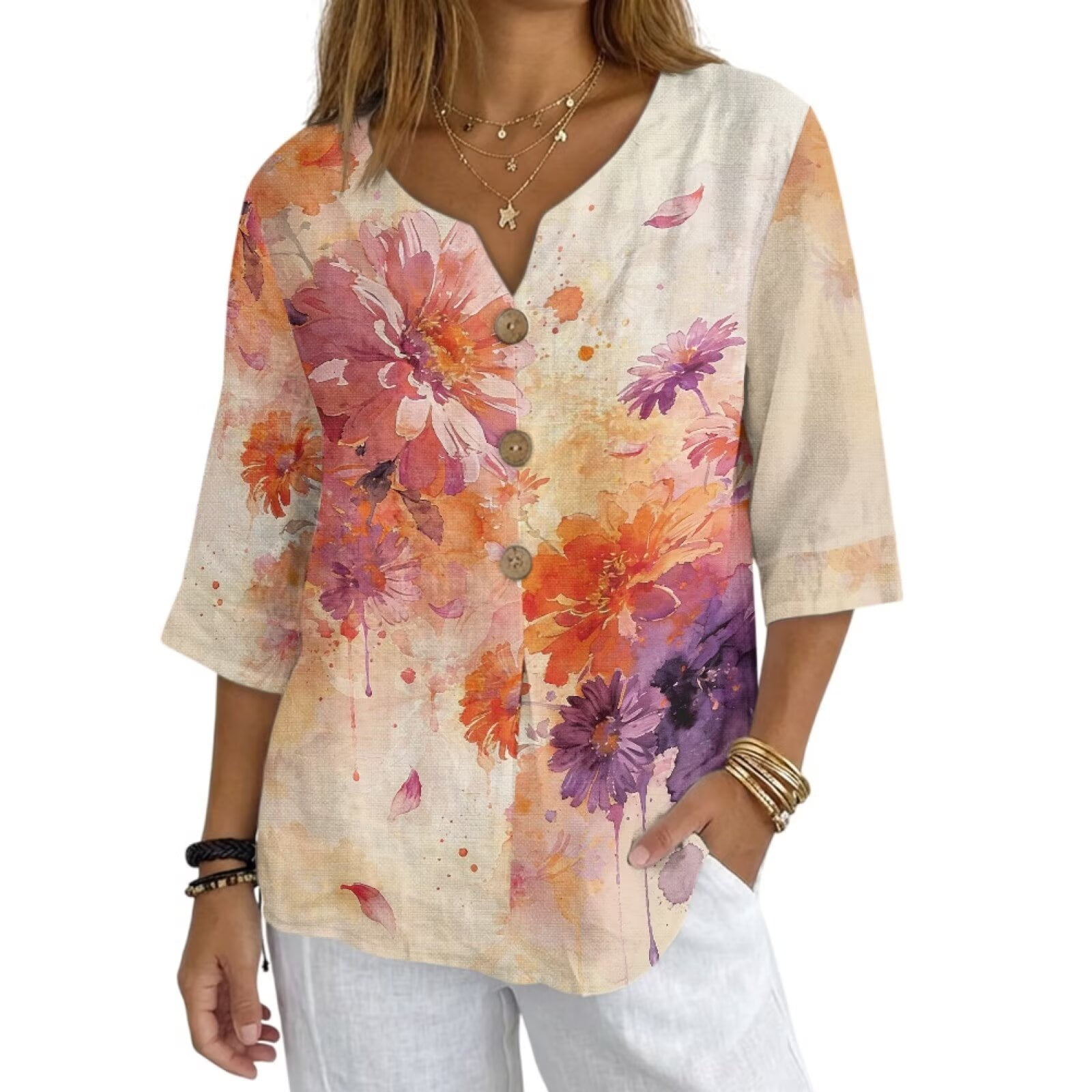 Xoenoiee Paint Splatter Daisy Flower Print Linen Tops for Women V Neck ...