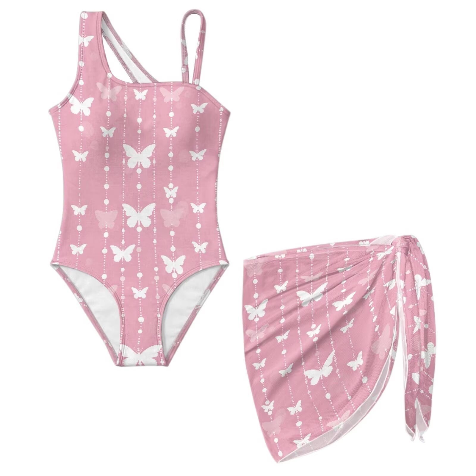 Xoenoiee Pink Butterfly Dot Print Girls Swimsuit One Piece Bathing Suit ...