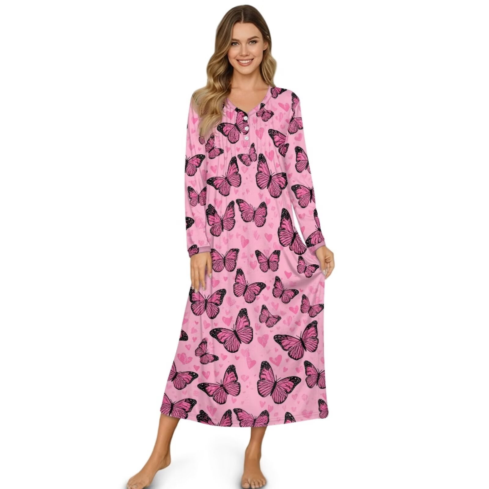 Xoenoiee Pink Butterfly Heart Print Nightgowns for Women Button Down ...
