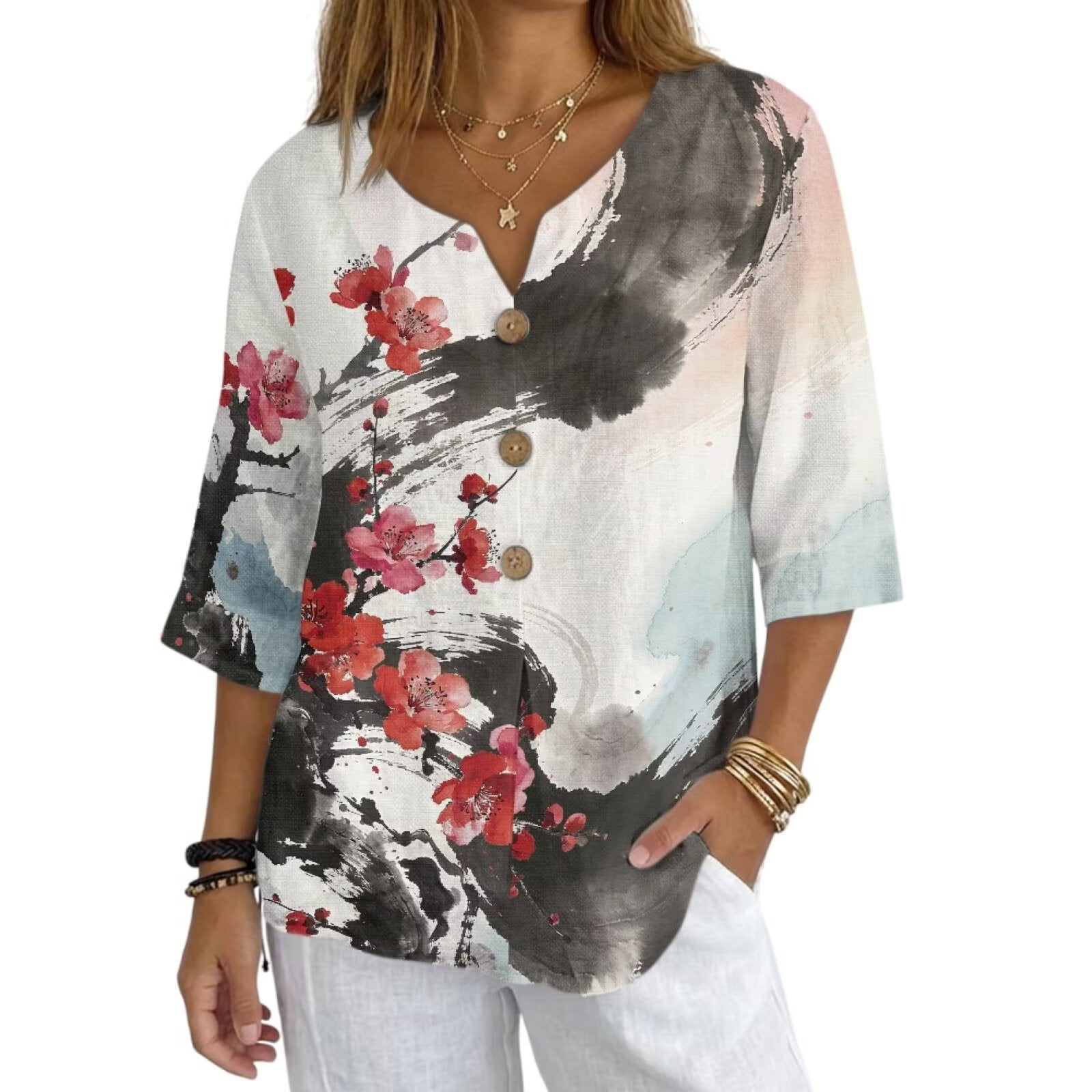 Xoenoiee Plum Blossom Ink Wash Print Linen Shirt for Women Spring ...