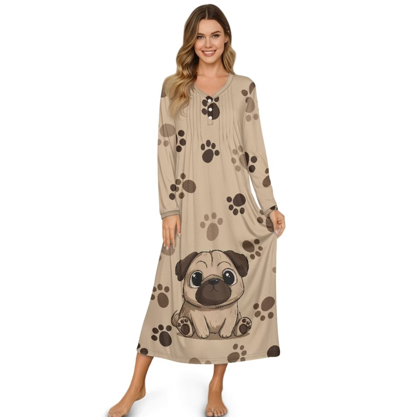 Xoenoiee Pug Dog Paw Print Women's Long Sleeve Nightgown Long ...