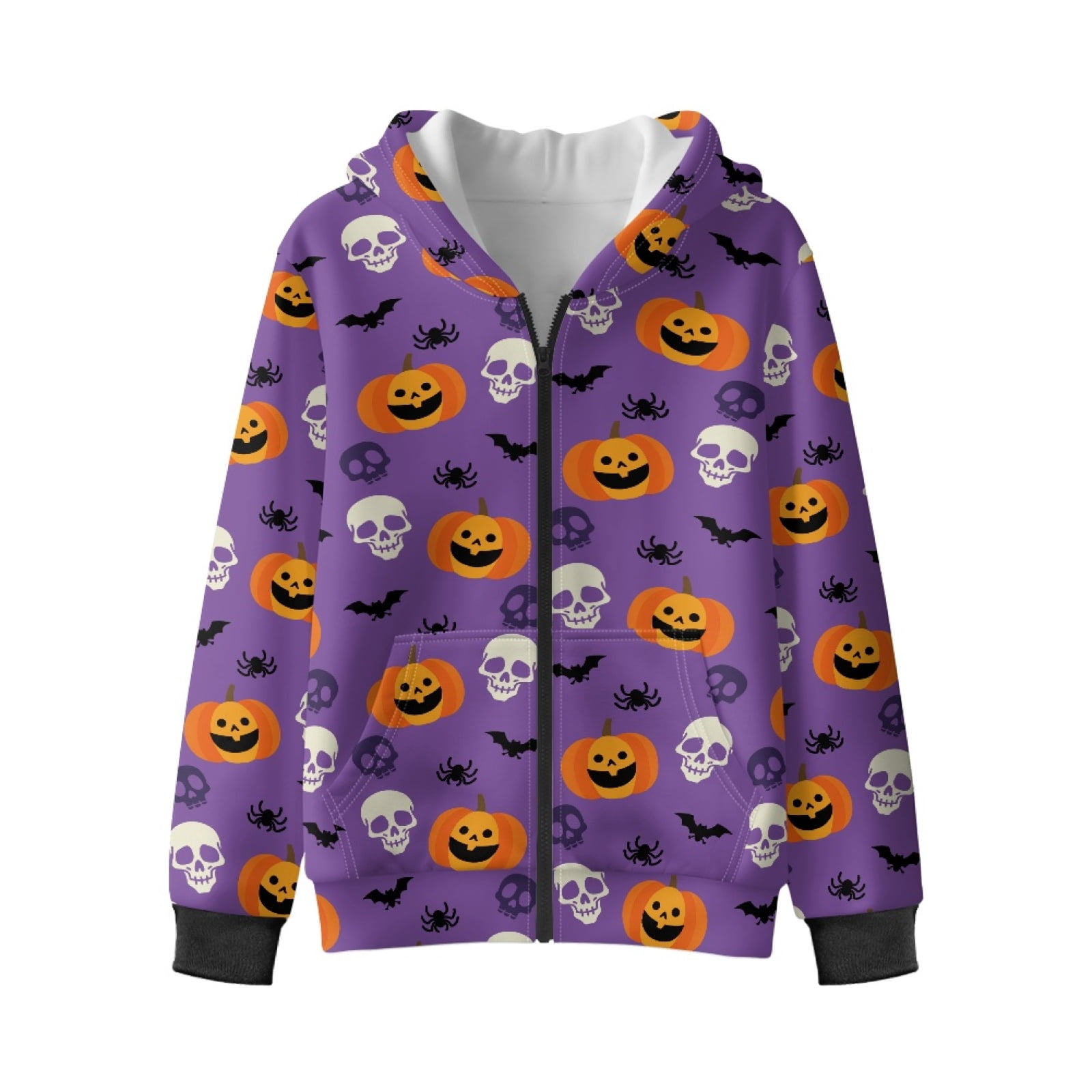 Xoenoiee Pumpkin Skull Bat Spider Print Hooded Sweatshirt Halloween ...